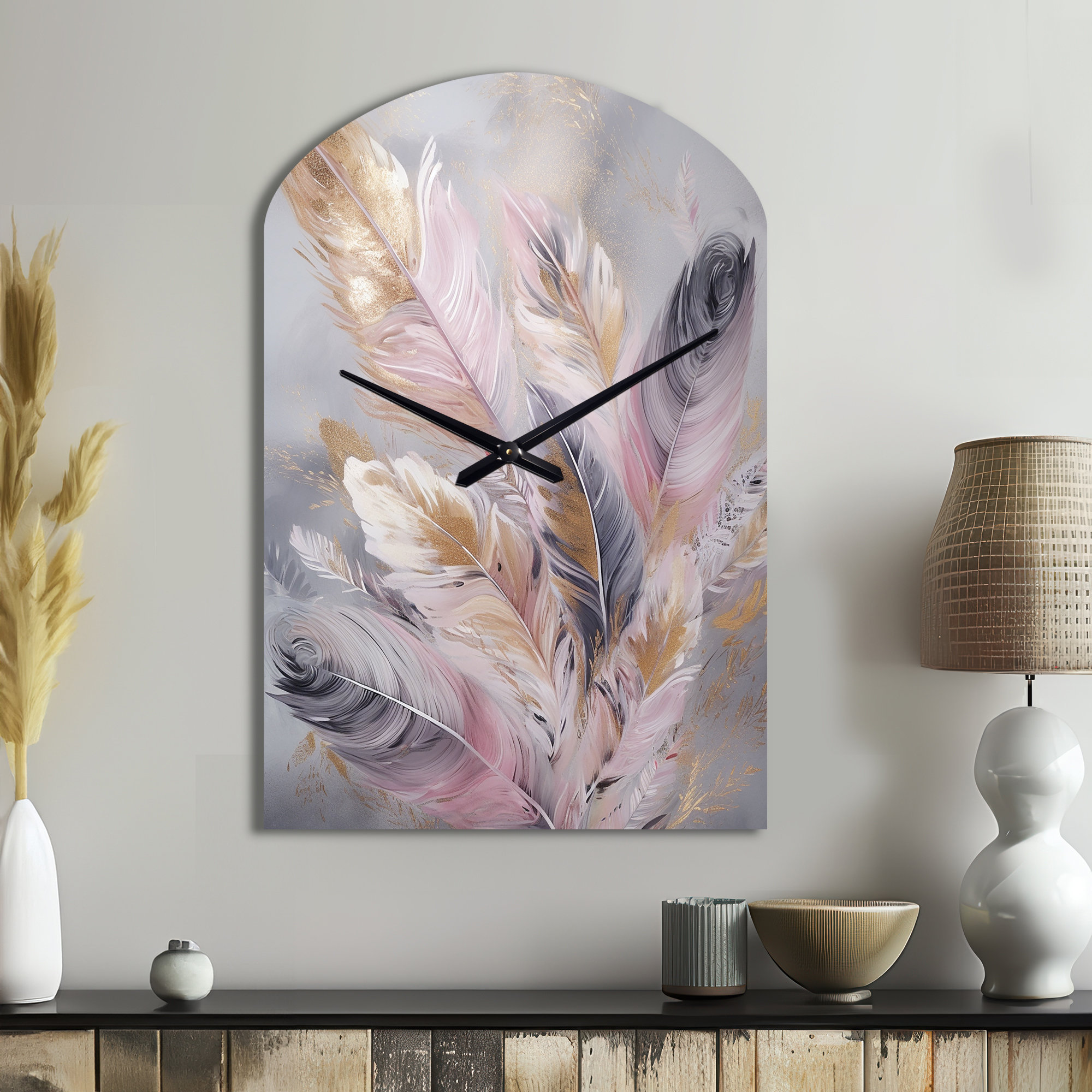Design Art Pink Feather Wanderlust - Arch Glam Feather Metal Wall Clock ...