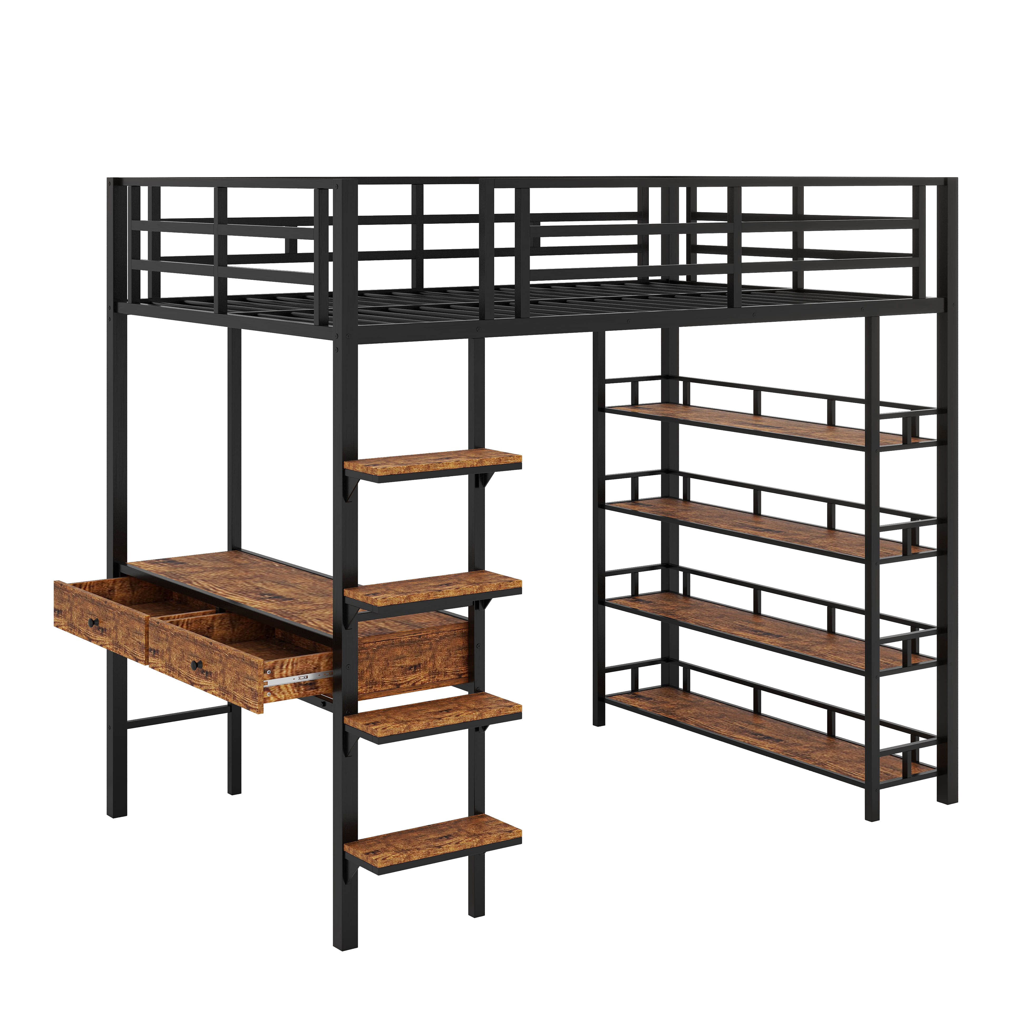 Mason & Marbles A Full-Sized Metal Loft Bed Accompanied By An Attached ...
