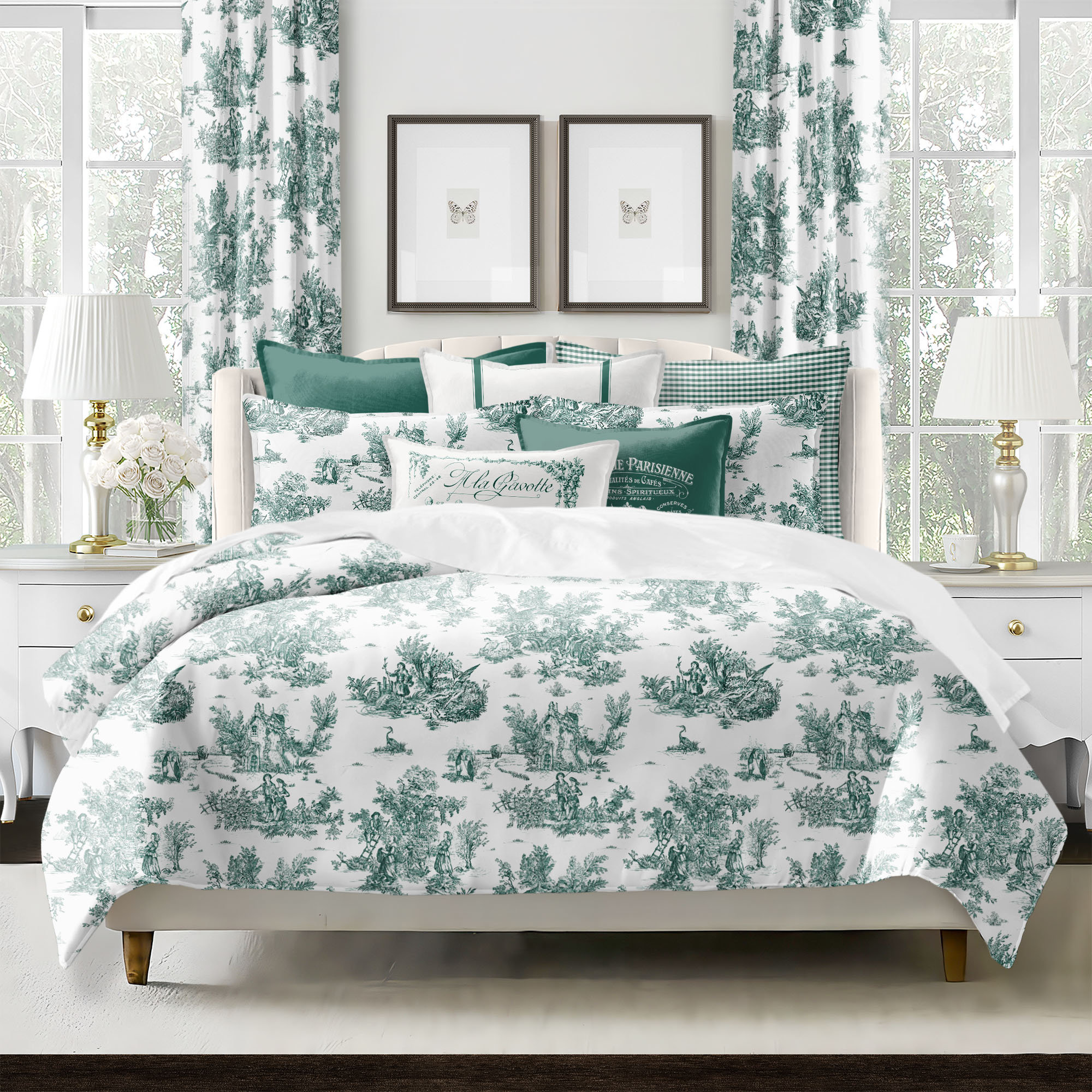 6ix Tailors Fine Linens Jardin Du Jouy Toile Evergreen Comforter Set 8 ...