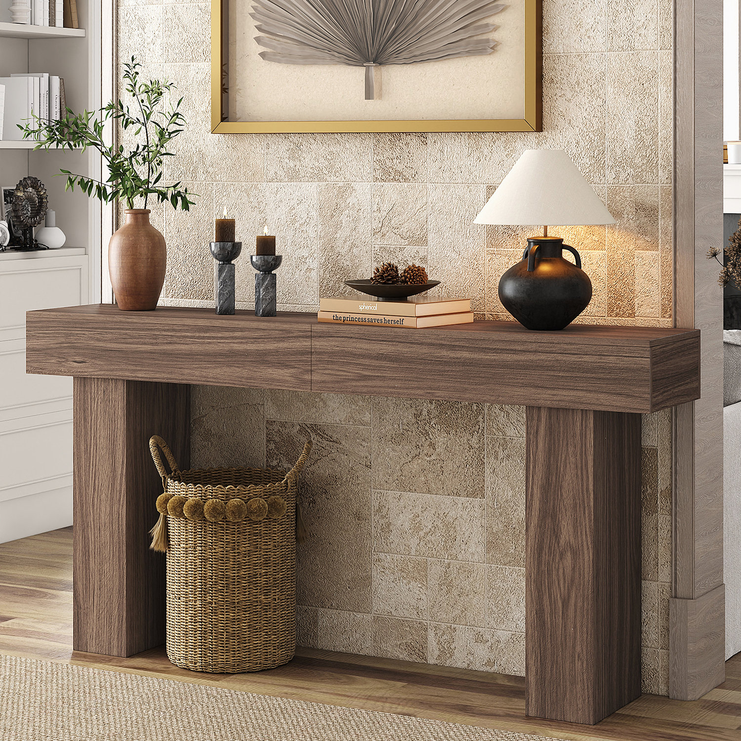 Latitude Run® 63 Inch Long Console Table For Entryway, Farmhouse Wood ...