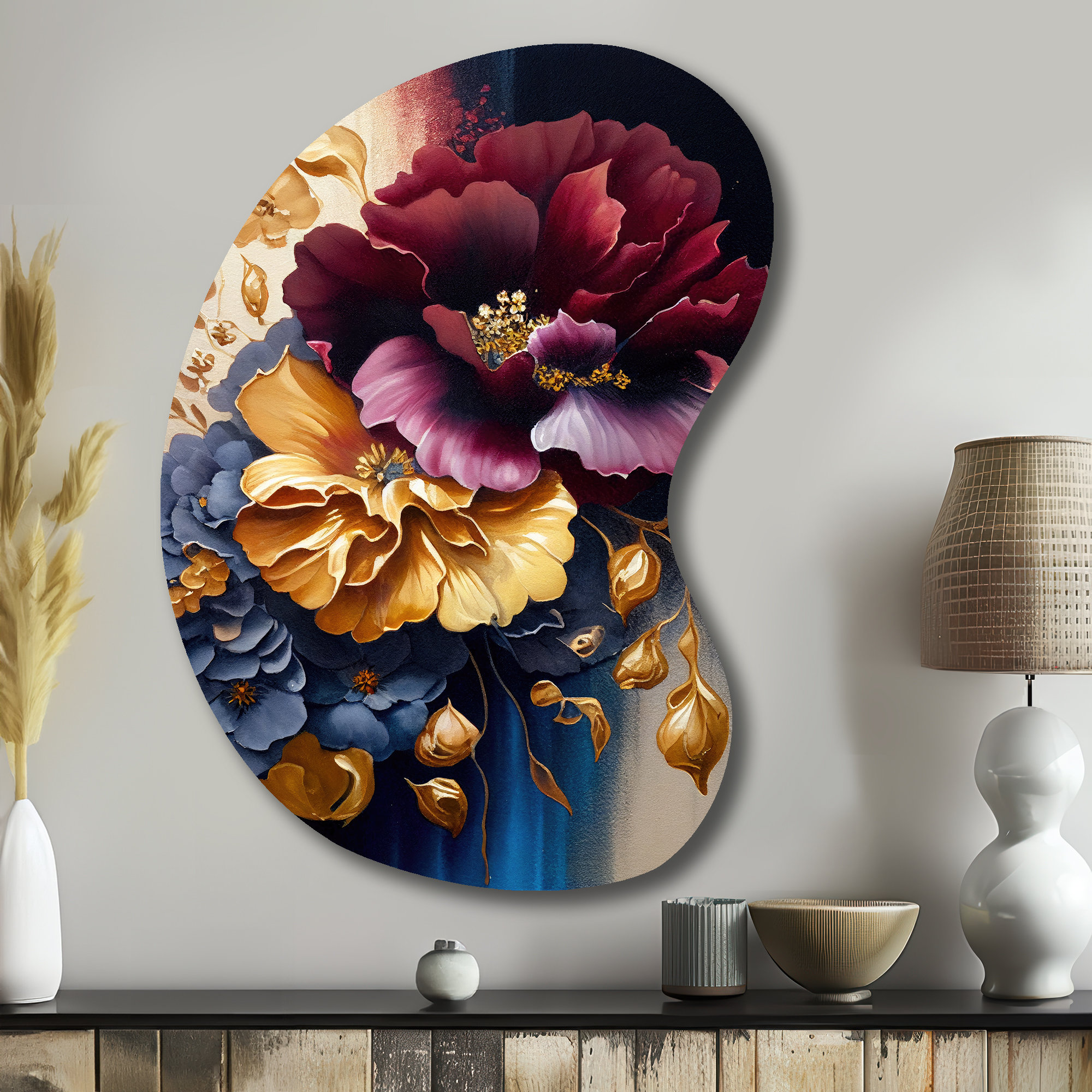 Design Art Burgundy And Blue Floral Bunch II - Floral Boom Shape ...