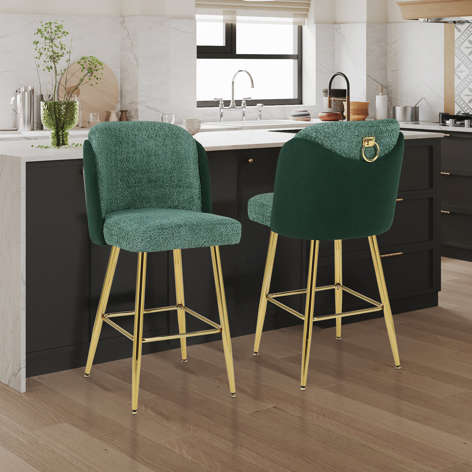 Orren Ellis Modern Bar Stools Set Of 2 With Mid-back, Boucle ...