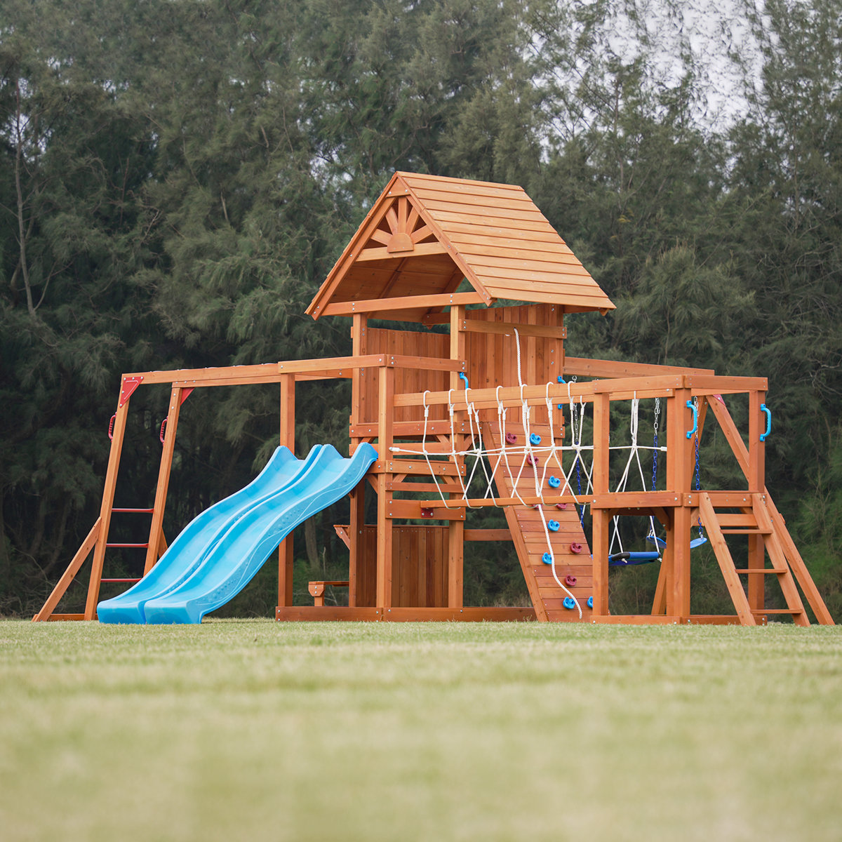 Dolphin Playground Luxury Cedar Playground Set: Double Wave Slide, 2-in ...