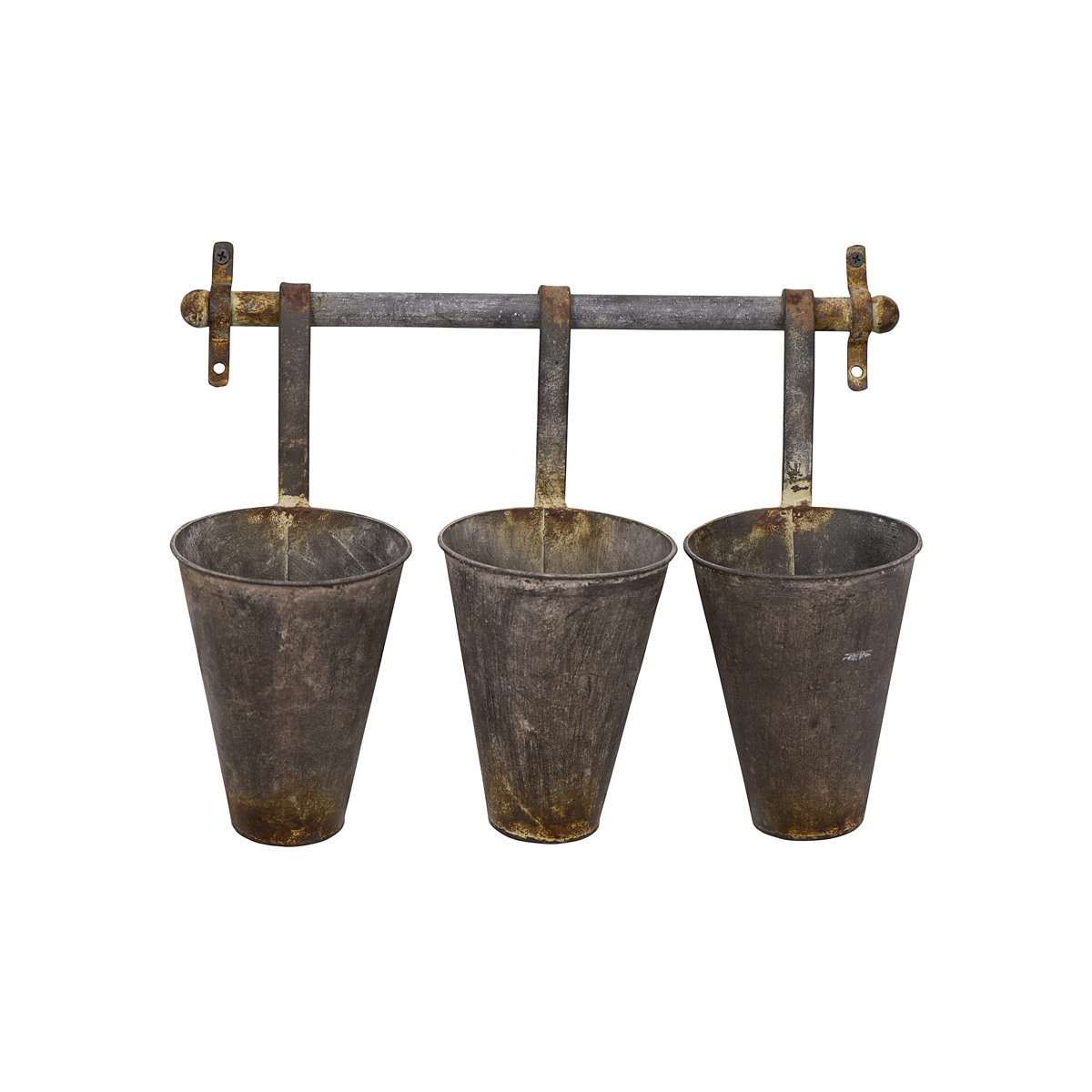 Gracie Oaks Antiqued Metal Wall Rack with 3 Hanging Cone Pots & Reviews ...