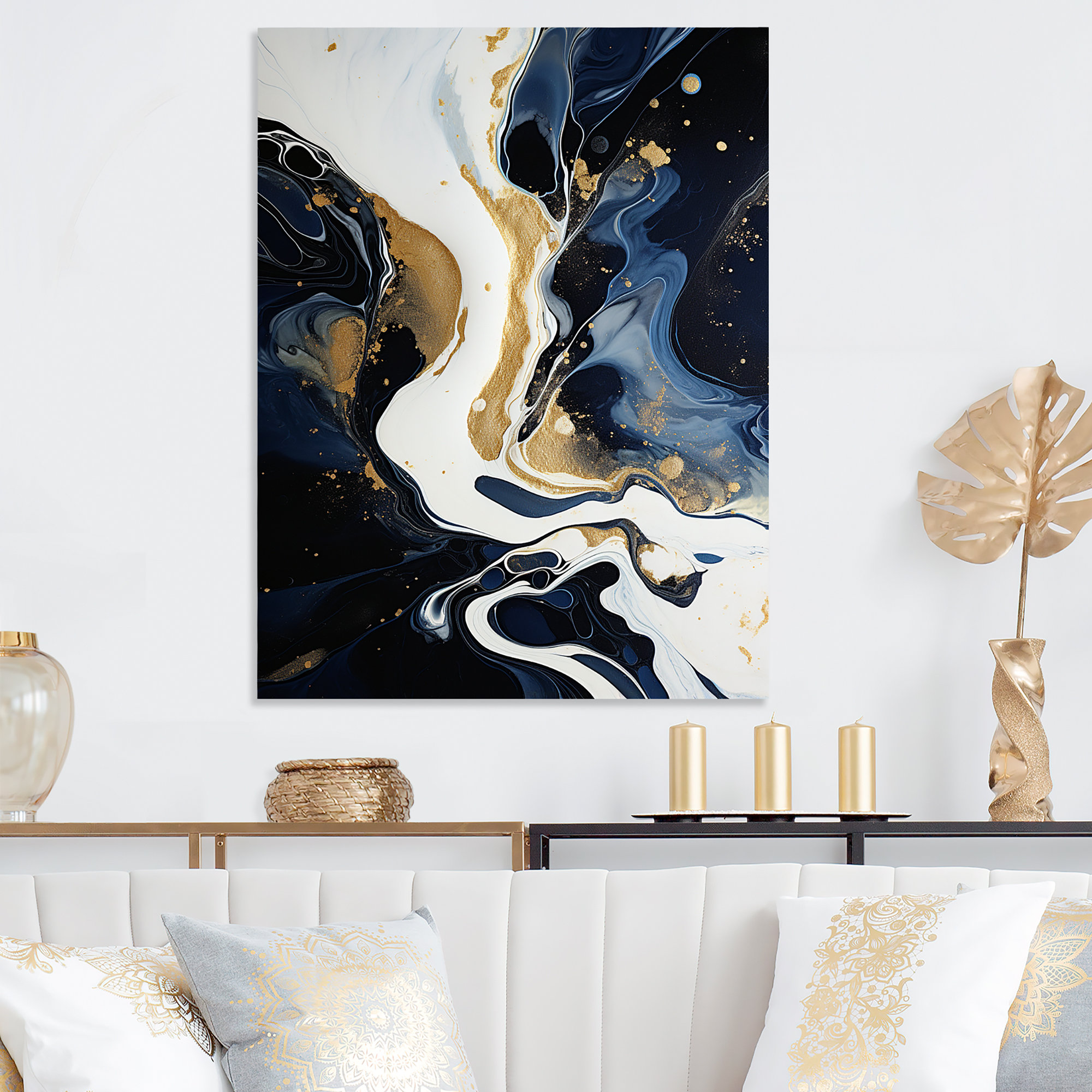 Lark Manor Gold And Blue Abstract Liquid Ink Serenade Of Swirls IV ...