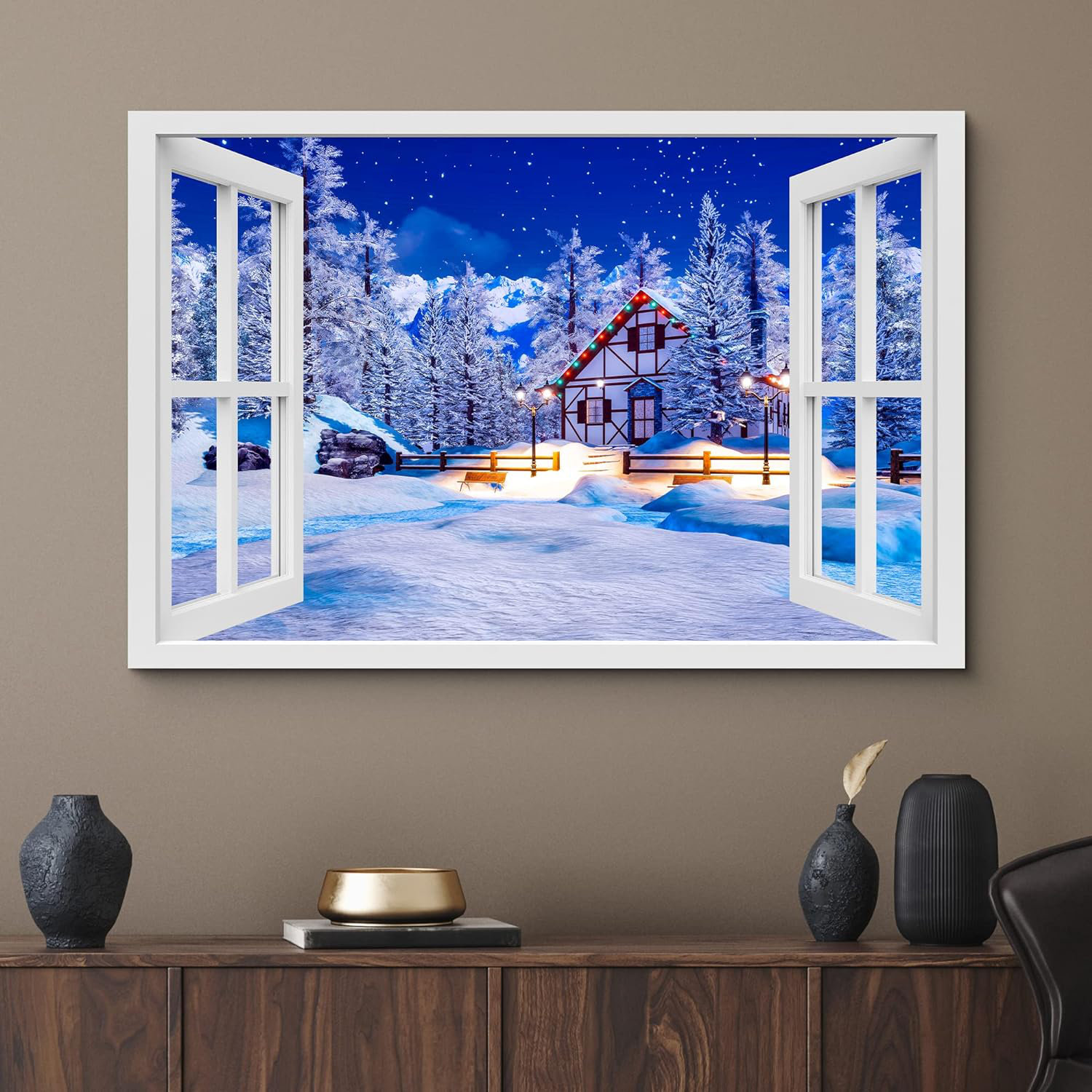 IDEA4WALL Window Scenery " Window View Snowy Christmas Forest Village ...