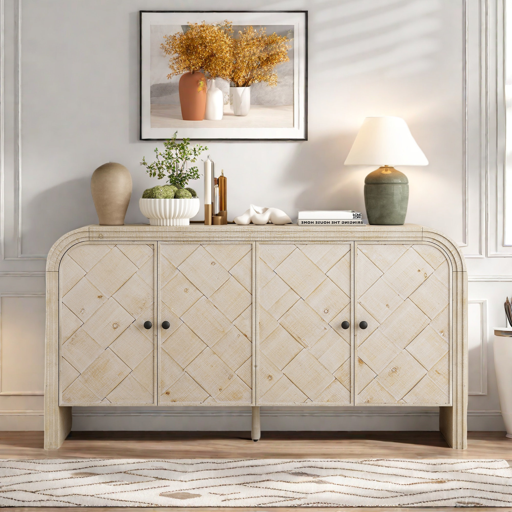 Winston Porter Multi-functional Sideboard With Handwoven Wood Slat Doors, Tiered Stepped Design ...
