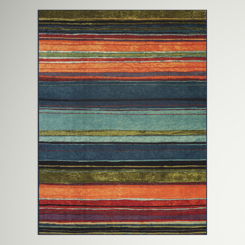 Highland Dunes Farranshane Striped Tufted Blue/Orange/Green Area Rug ...