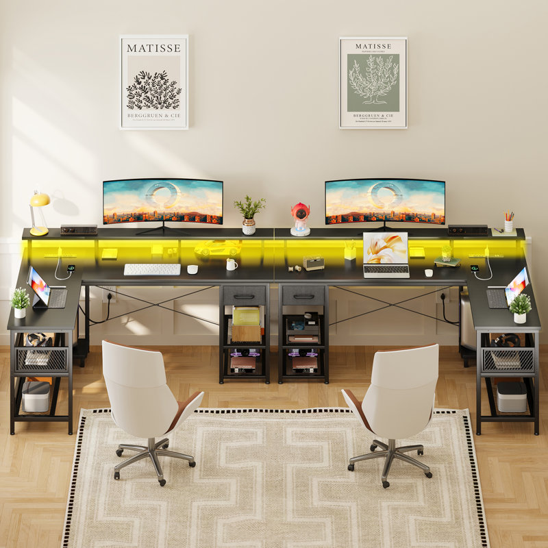 Inbox Zero Reversible Desk With Iron Shelves, Gaming Desk With Led ...