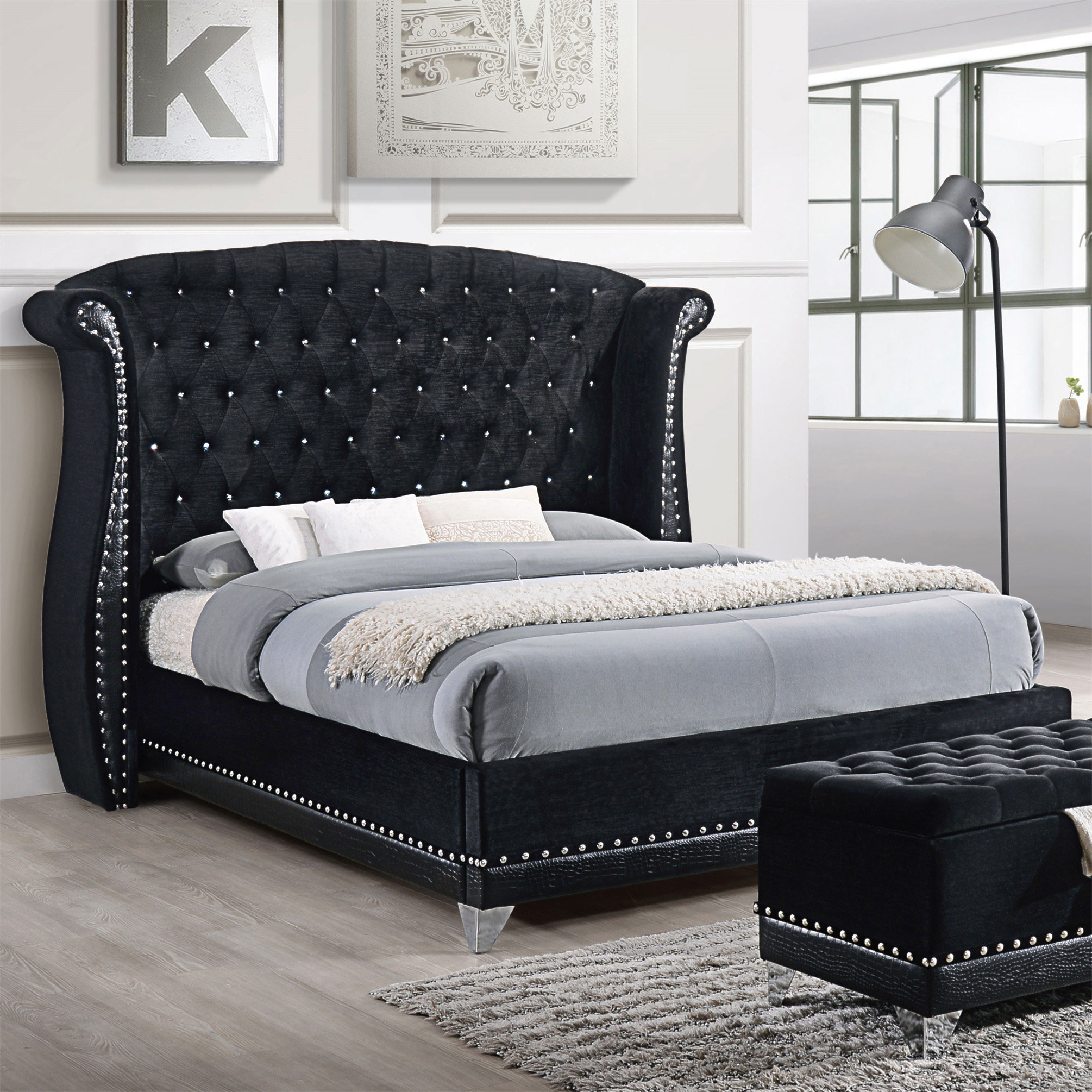 Everly Quinn Tamsin Black Upholstered Eastern King Wingback Bed | Wayfair