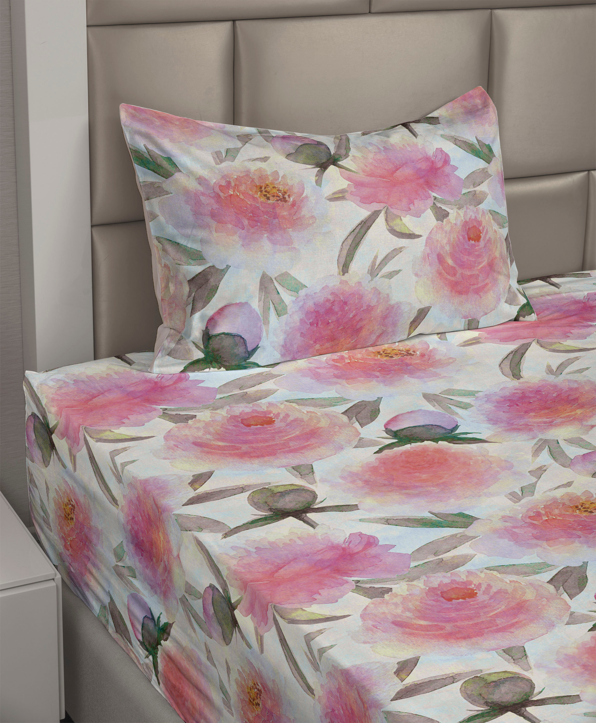 Ambesonne Peony Sheet Set Garden Pastel Spring Floral Pink and Slate ...
