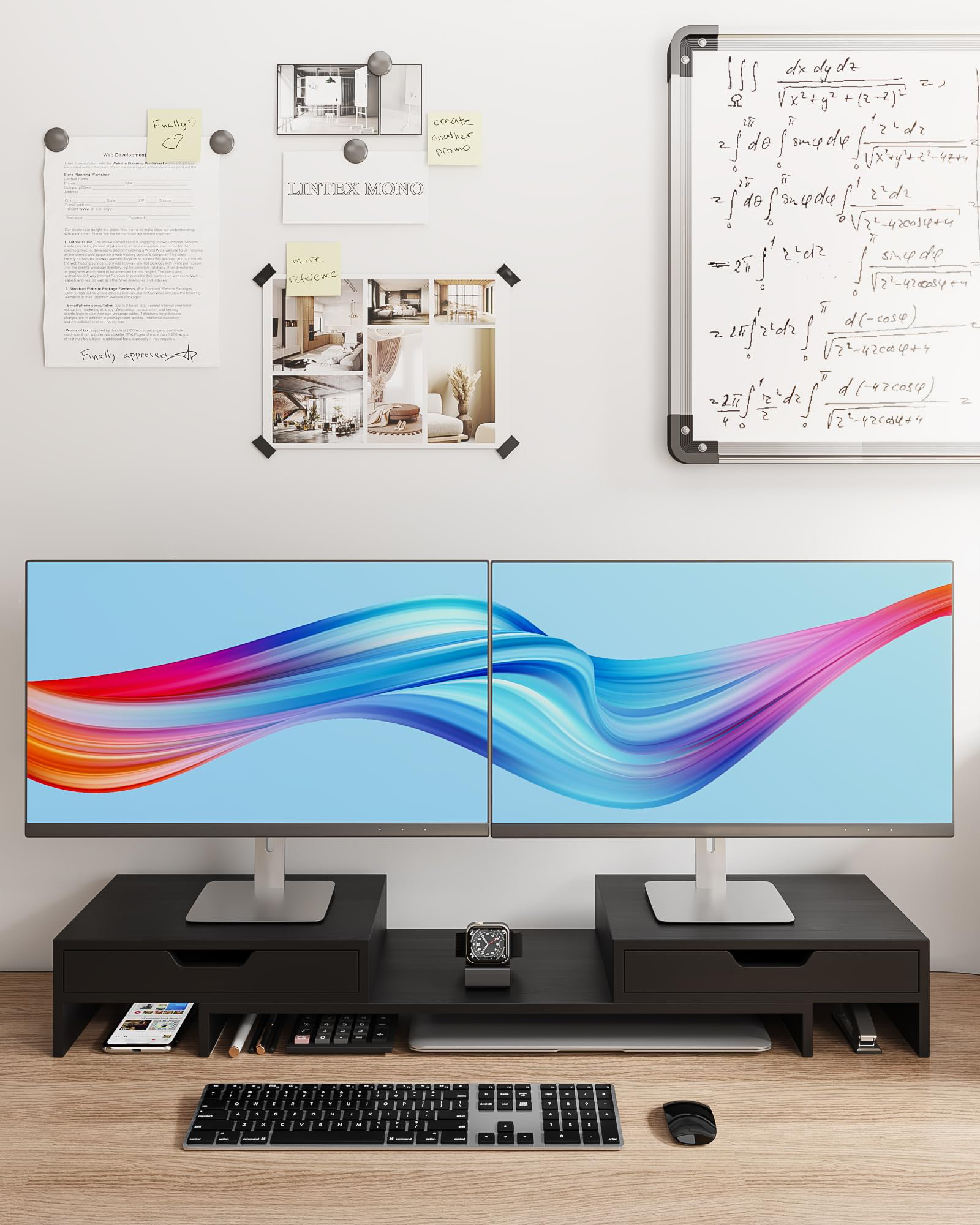 Hokku Designs Bamboo Dual Monitor Stand Riser With 2 Drawers, Ergonomic ...