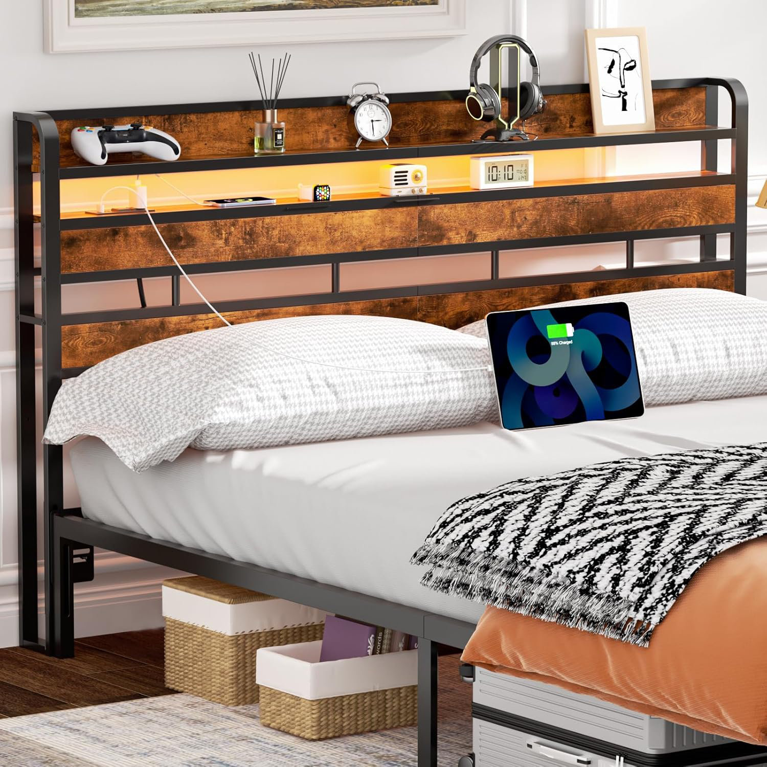 17 Stories Headboard Storage 2 Tier Headboard With USB Ports For Dorm ...