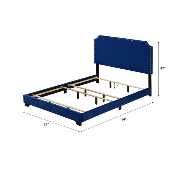 Mercer41 Blue Velvet Queen - Sized Bed With 4 Slats, Nailhead Trim ...