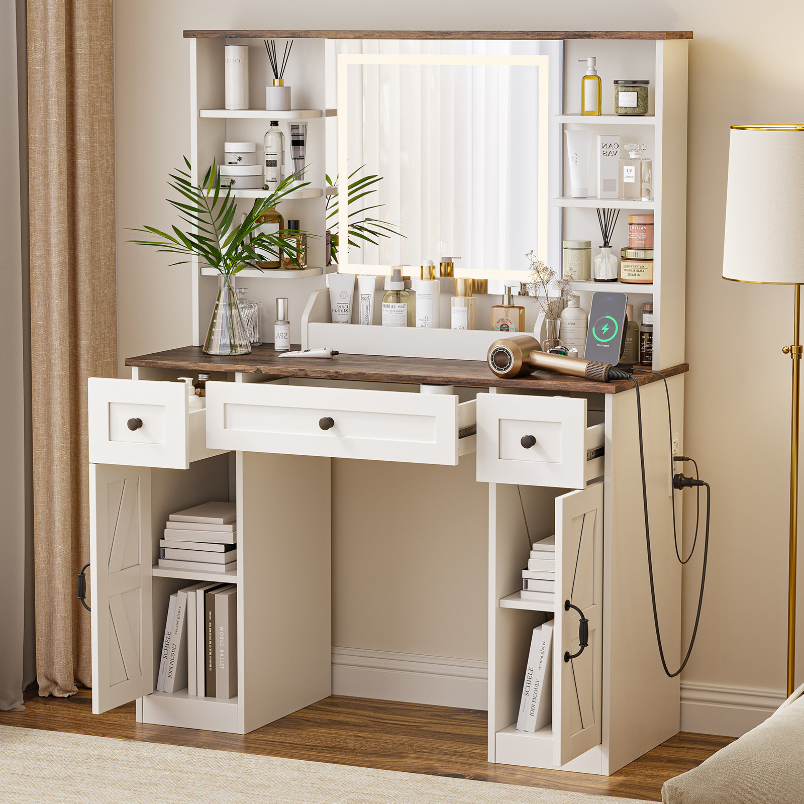 GLORIP Makeup Vanity Desk with 12V RGB Touch Light, US Outlet & USBs ...