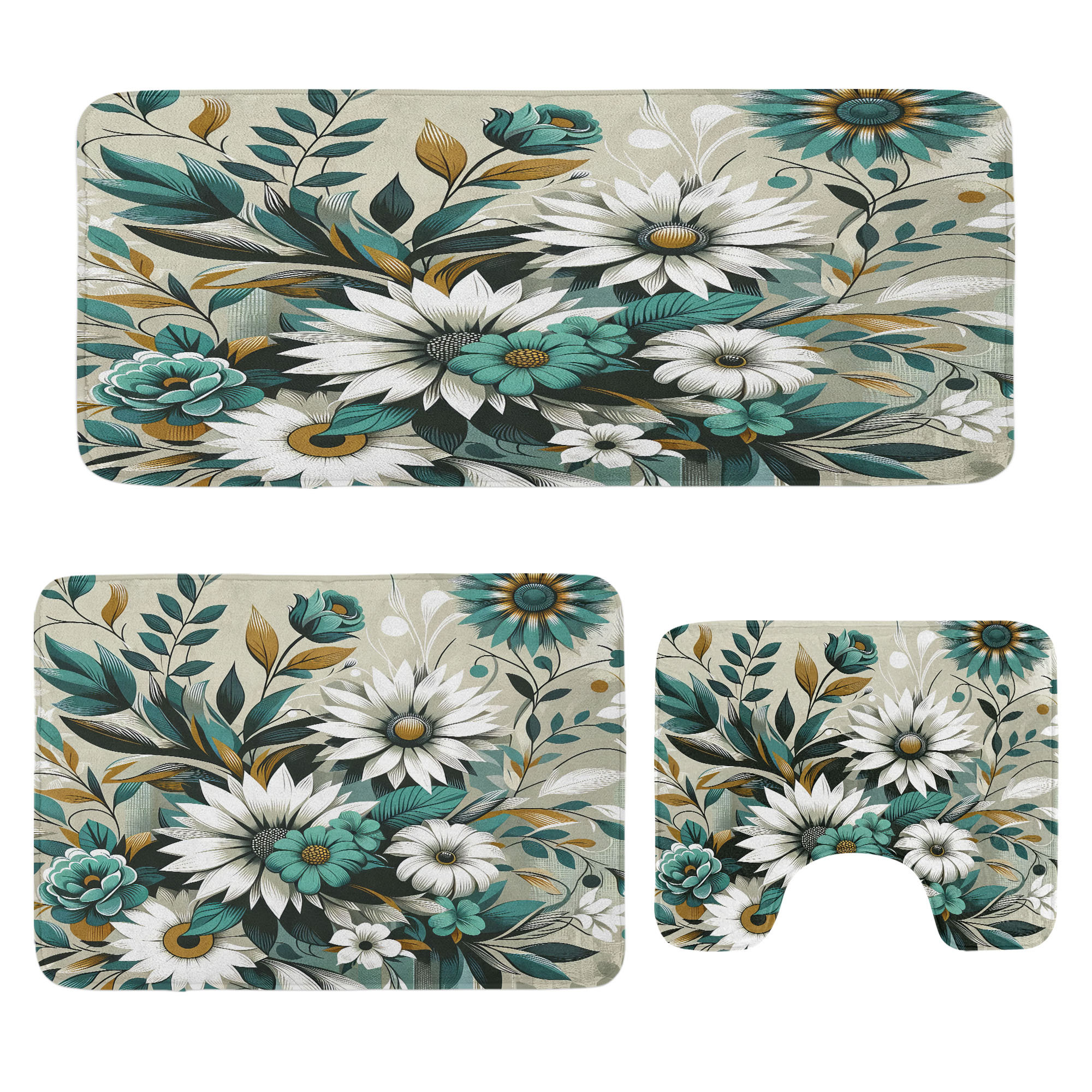 East Urban Home Teal Bathroom Rug Set 3 Pieces U-Shape & Rectangle Mats ...