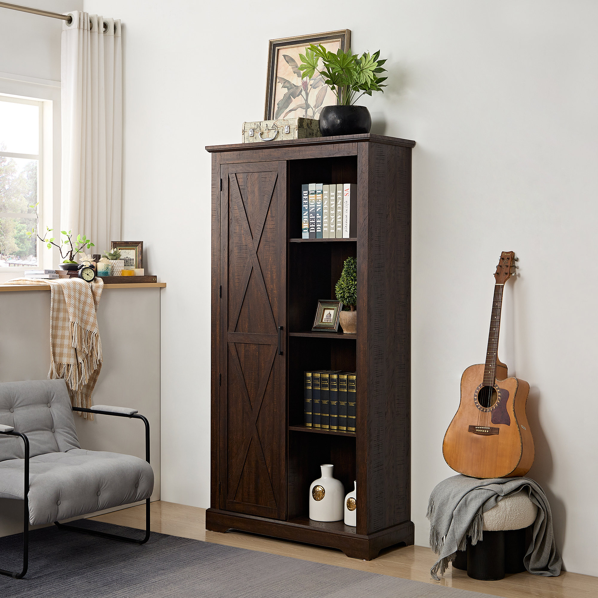 Latitude Run® Kother Kitchen Pantry, Tall Storage Cabinet Barn Door ...