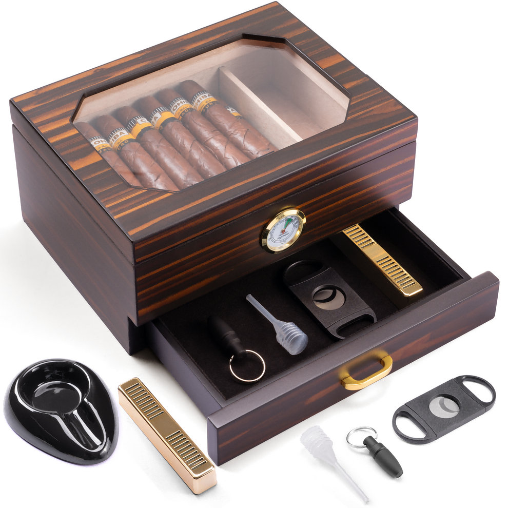 Hokku Designs Cigar Humidor Box for 30 Cigars with Drawer, Hygrometer ...