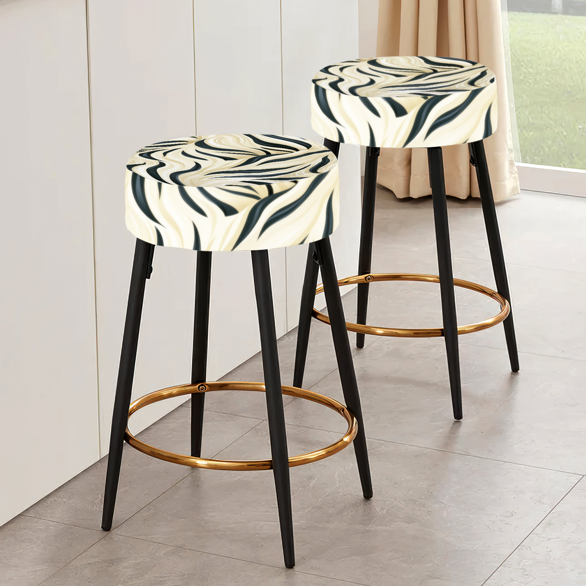 Design Art Cream And Black Zebra Harmony - Abstract Bar Stools Set Of 2 ...