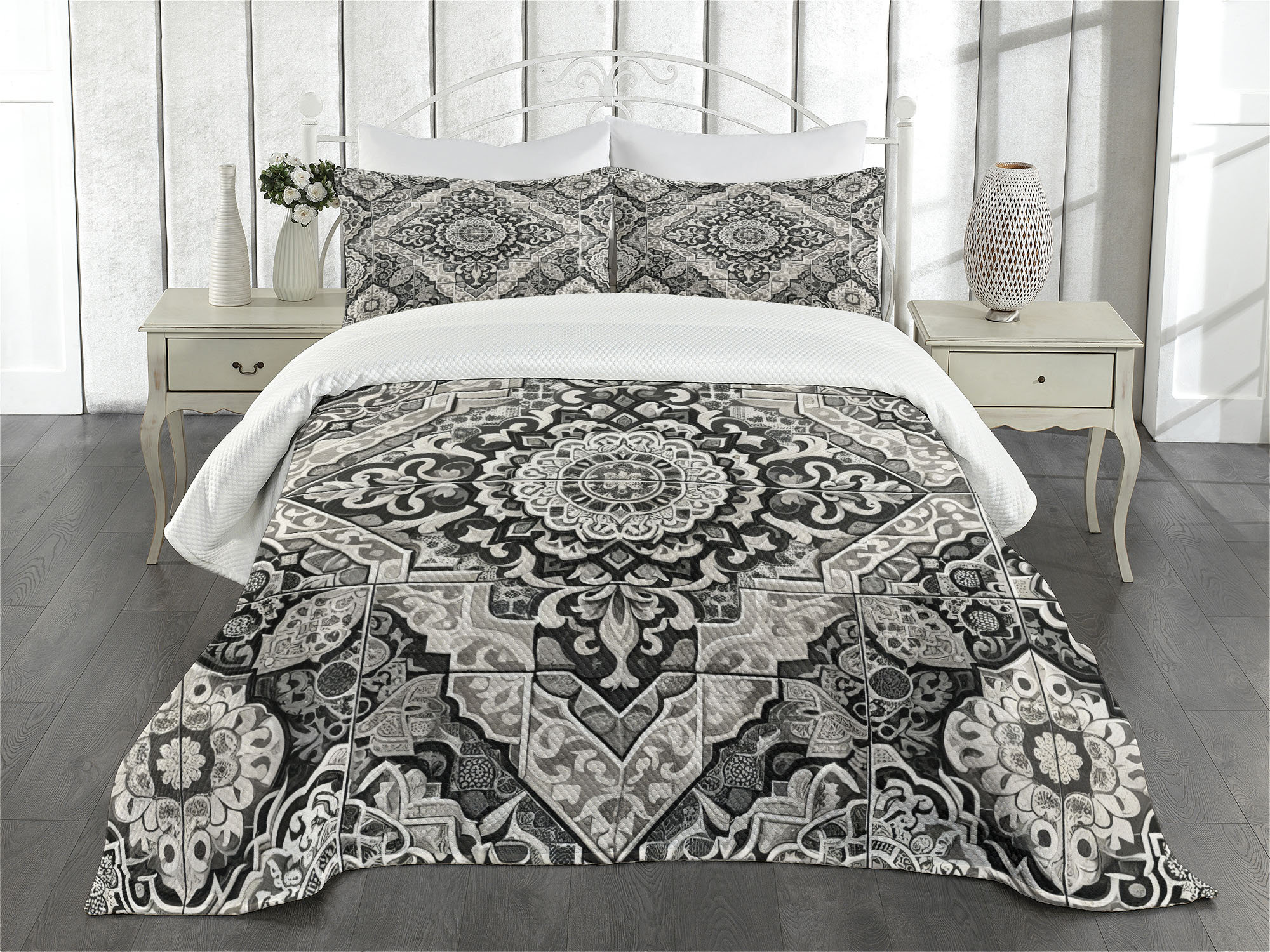Ambesonne Grey Bedspread Set Eastern Mosaic Look Moroccan Pale Mustard ...