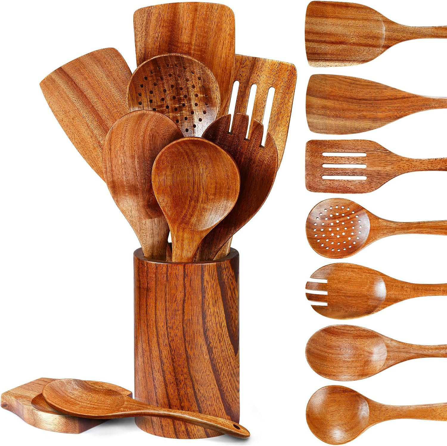 TEUSAL Natural Teak Wooden Utensil Set 9 Pcs Wooden Cooking Utensils ...