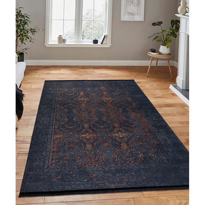 East Urban Home Chowchilla Damask Machine Woven Velvet Area Rug in Blue ...