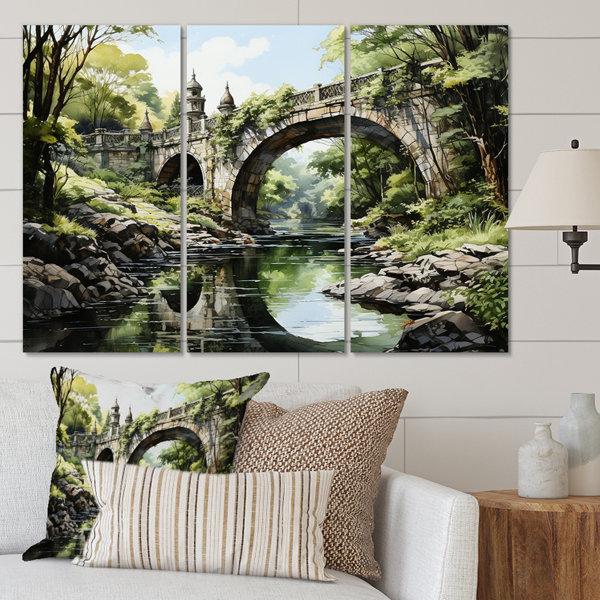 Millwood Pines Green Bridge Serene Arch III On Canvas 3 Pieces Print ...
