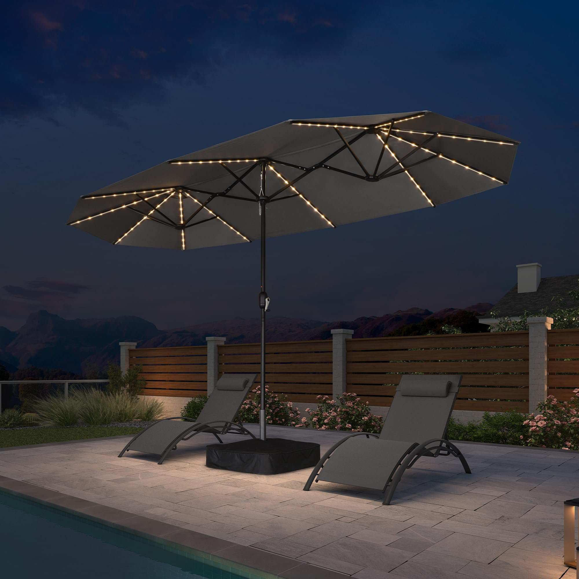 Arlmont & Co. 13ft Patio Market Umbrella with Solar LED and Base Double ...