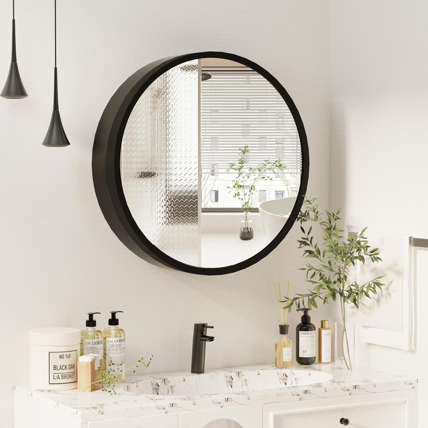 Ebern Designs Round bathroom mirror wall cabinet with storage shelf ...