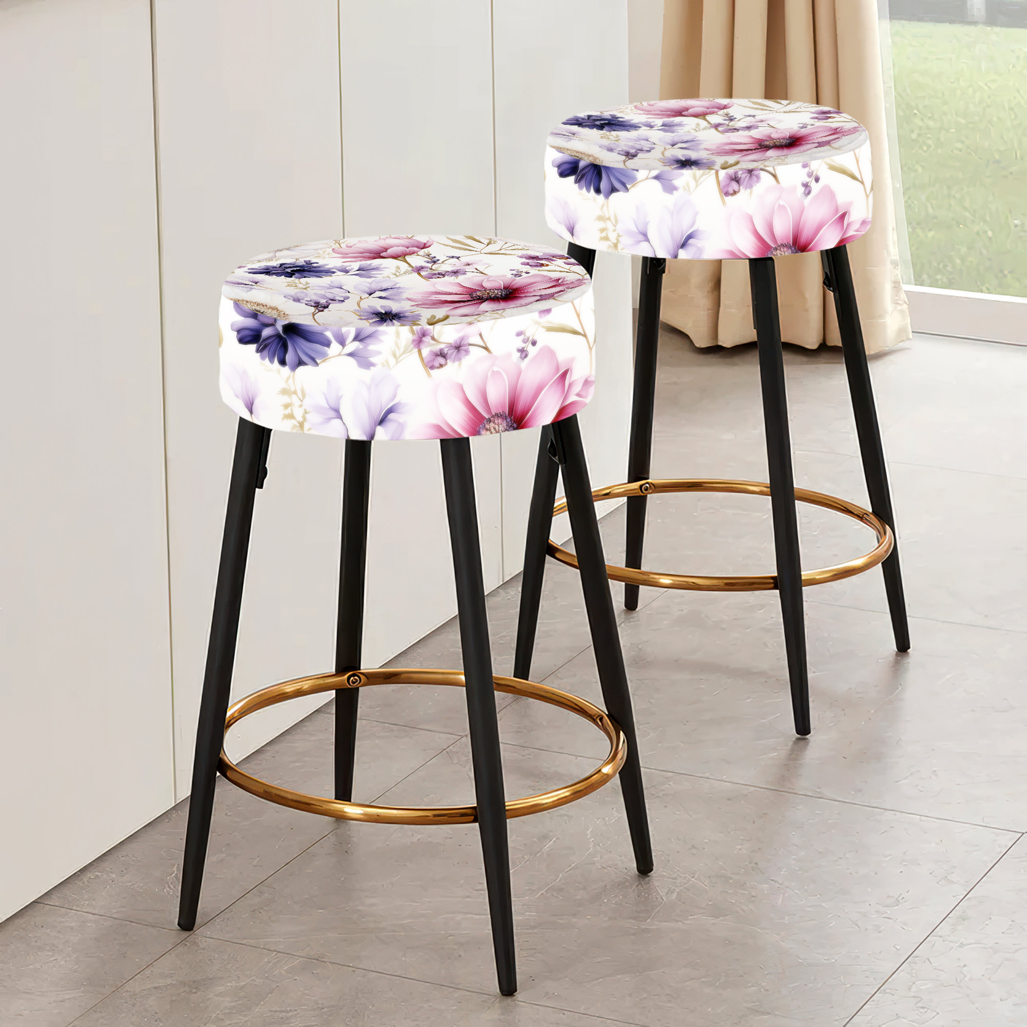 Design Art Purple Serene Watercolor Floral Canvas - Floral Bar Stools ...