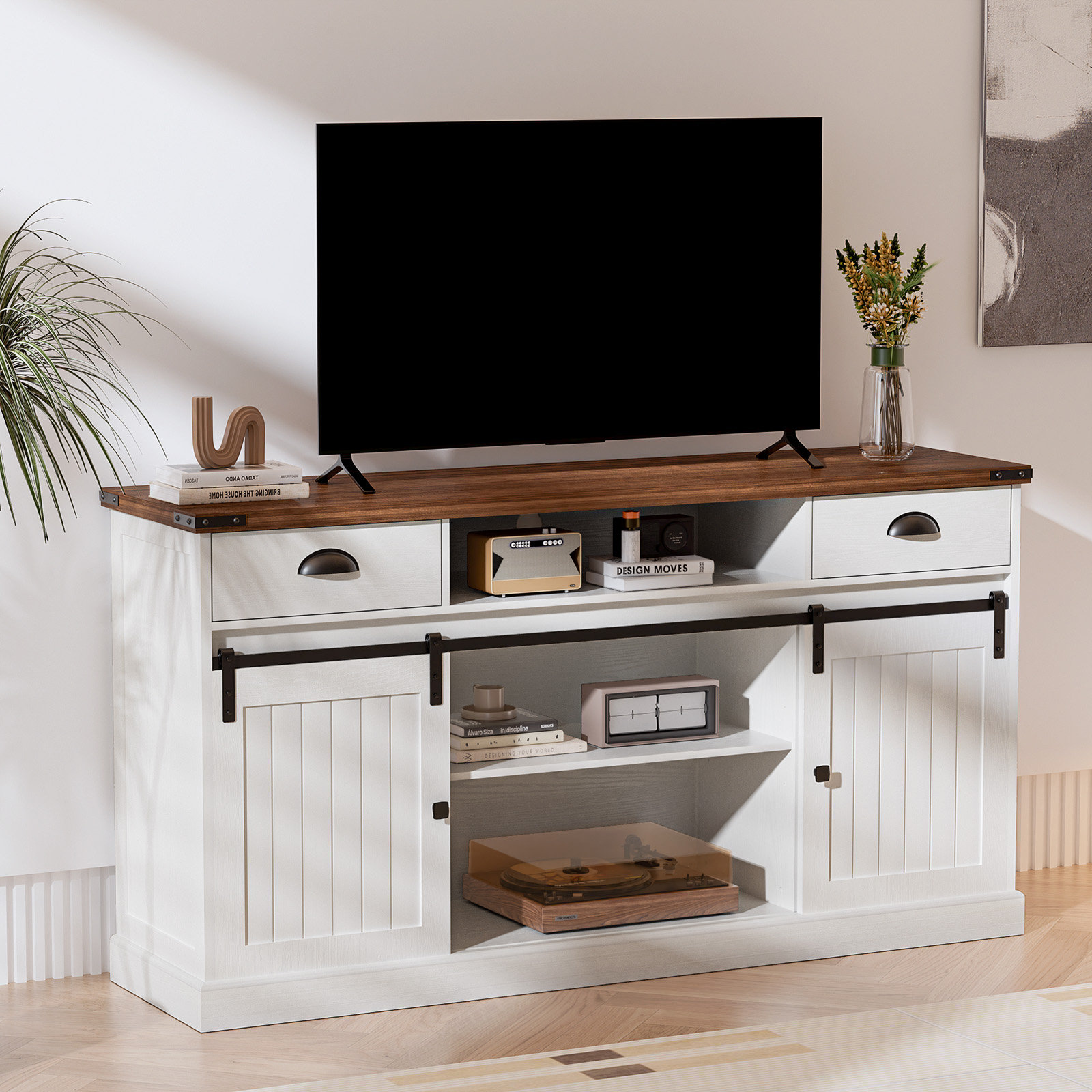 Gracie Oaks TV Stand With Sliding Barn Doors & 2 Drawers ...