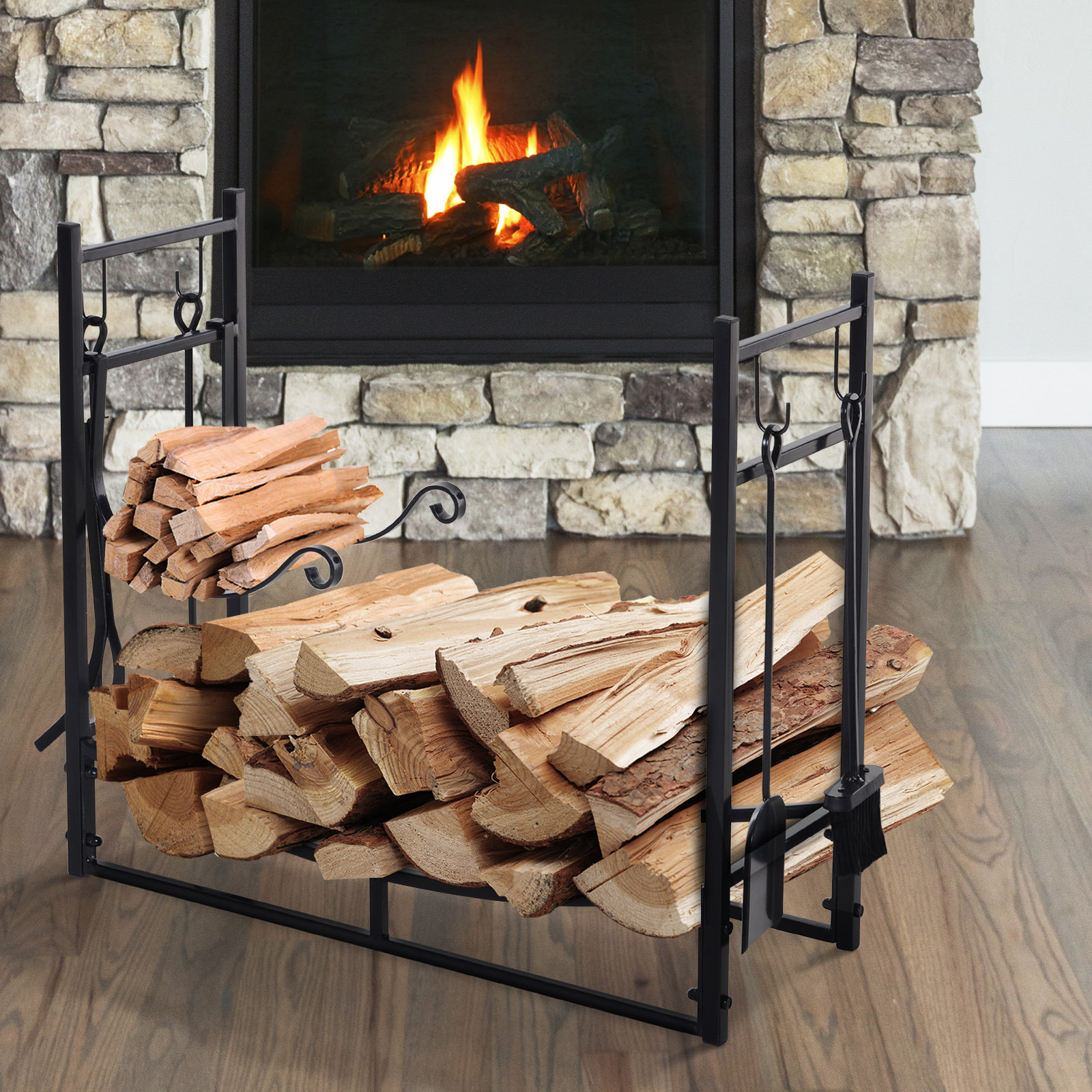 Red Barrel Studio® Hert Wood Storage Rack Log Holder With Kindling ...