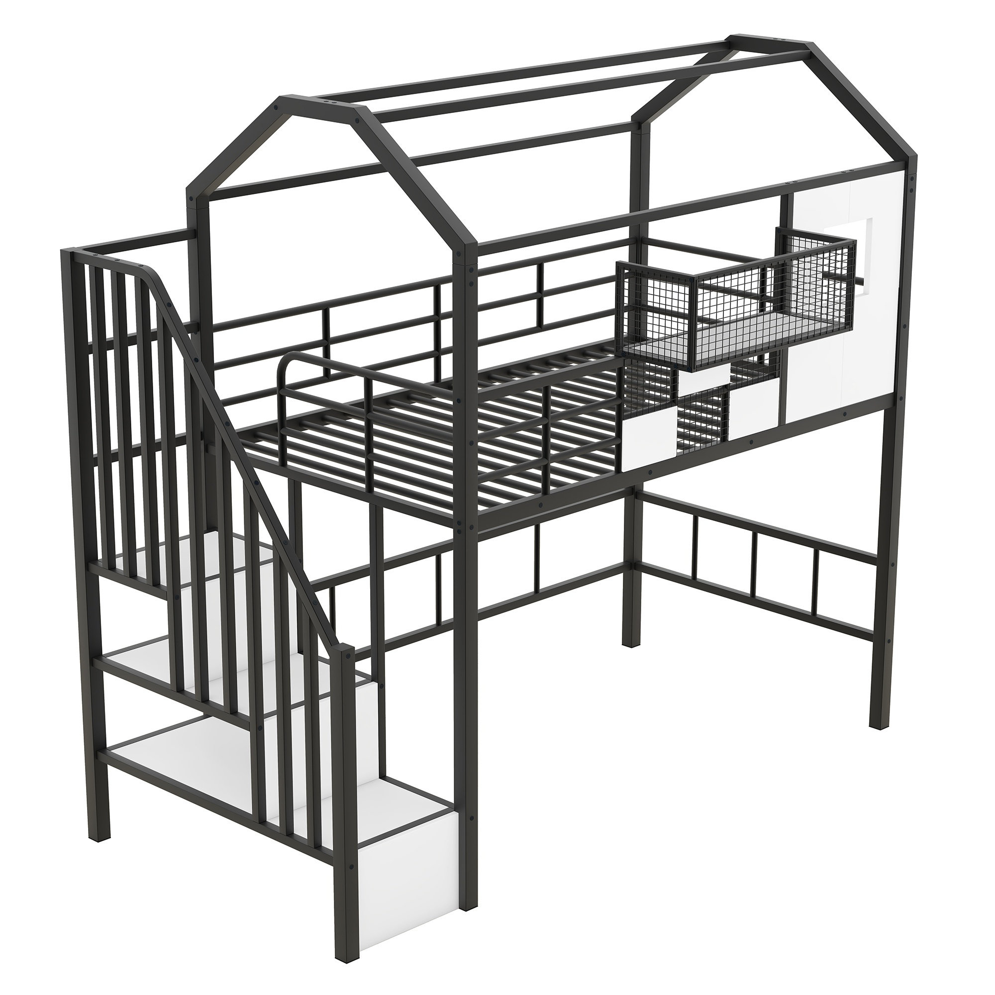 Latitude Run® Metal Twin Loft Bed with Roof Design, Integrated Ladder ...