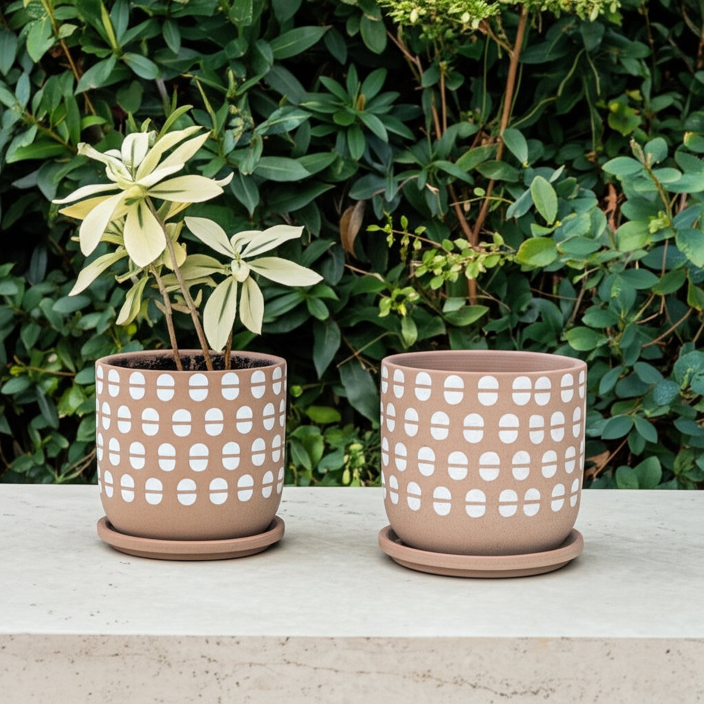 Latitude Run® Cloe Tan Stoneware Ceramic Planter Set with Geometric ...