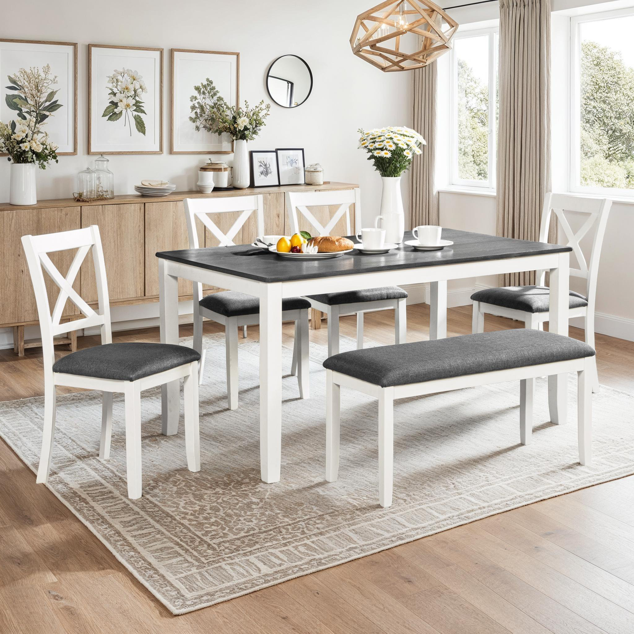 Gracie Oaks 6Pcs Dining Table Set with Bench, Rectangular Dining Table ...