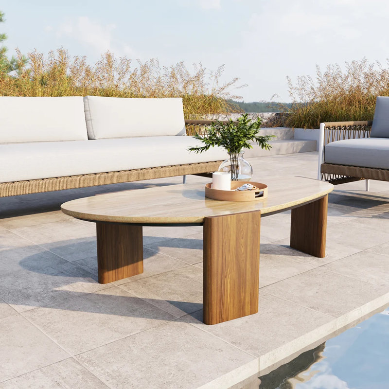 Ivy Bronx Modern Geometric Outdoor Patio Travertine Coffee Table with ...