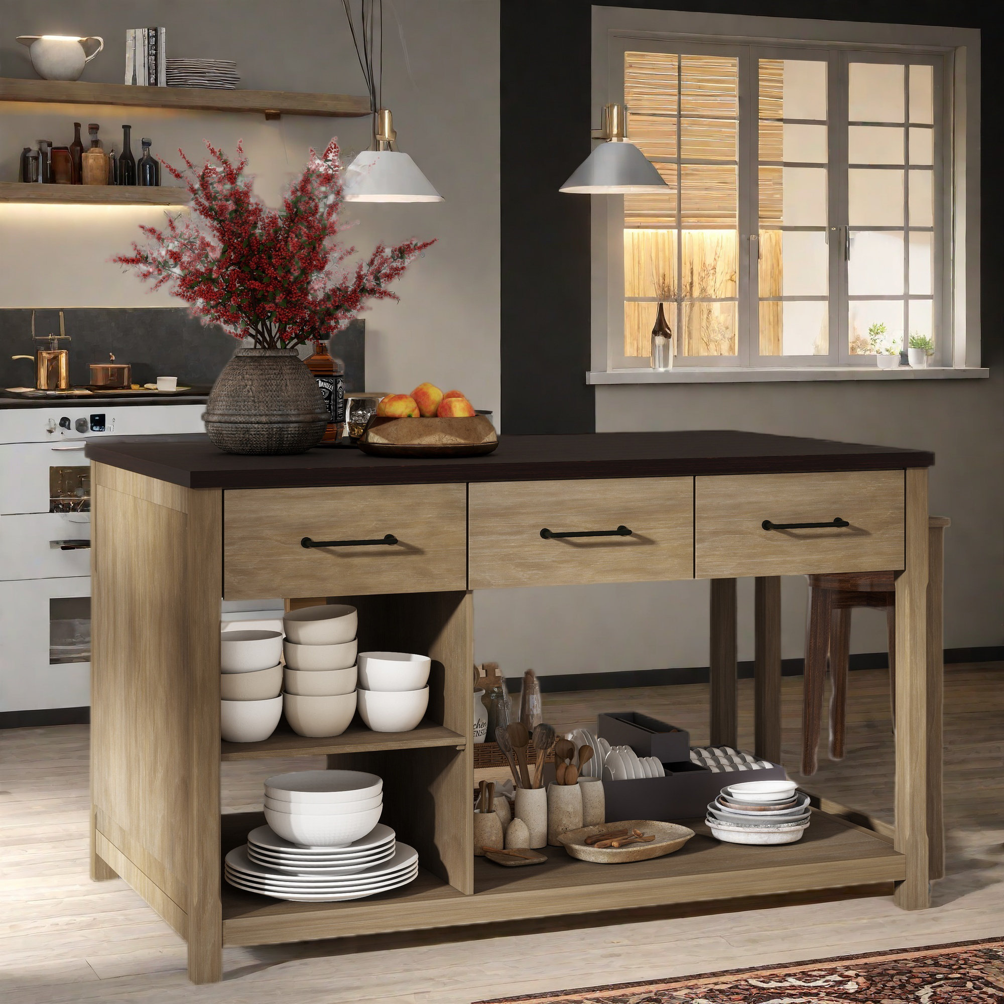 Loon Peak Retro Extendable Kitchen Island On Wheels With Built-in Power ...