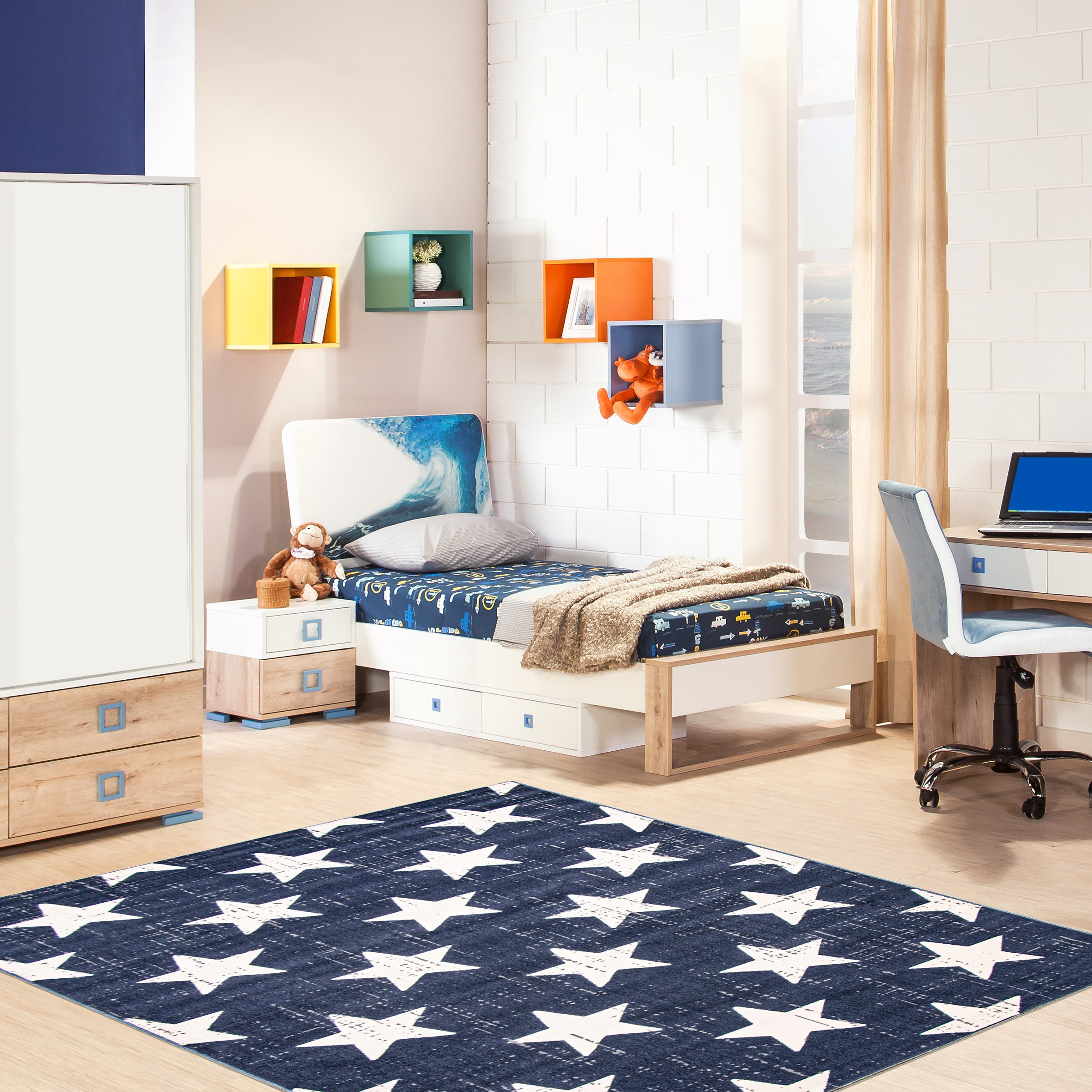 Ebern Designs Janill Geometric Navy Blue/Ivory Area Rug Set | Wayfair