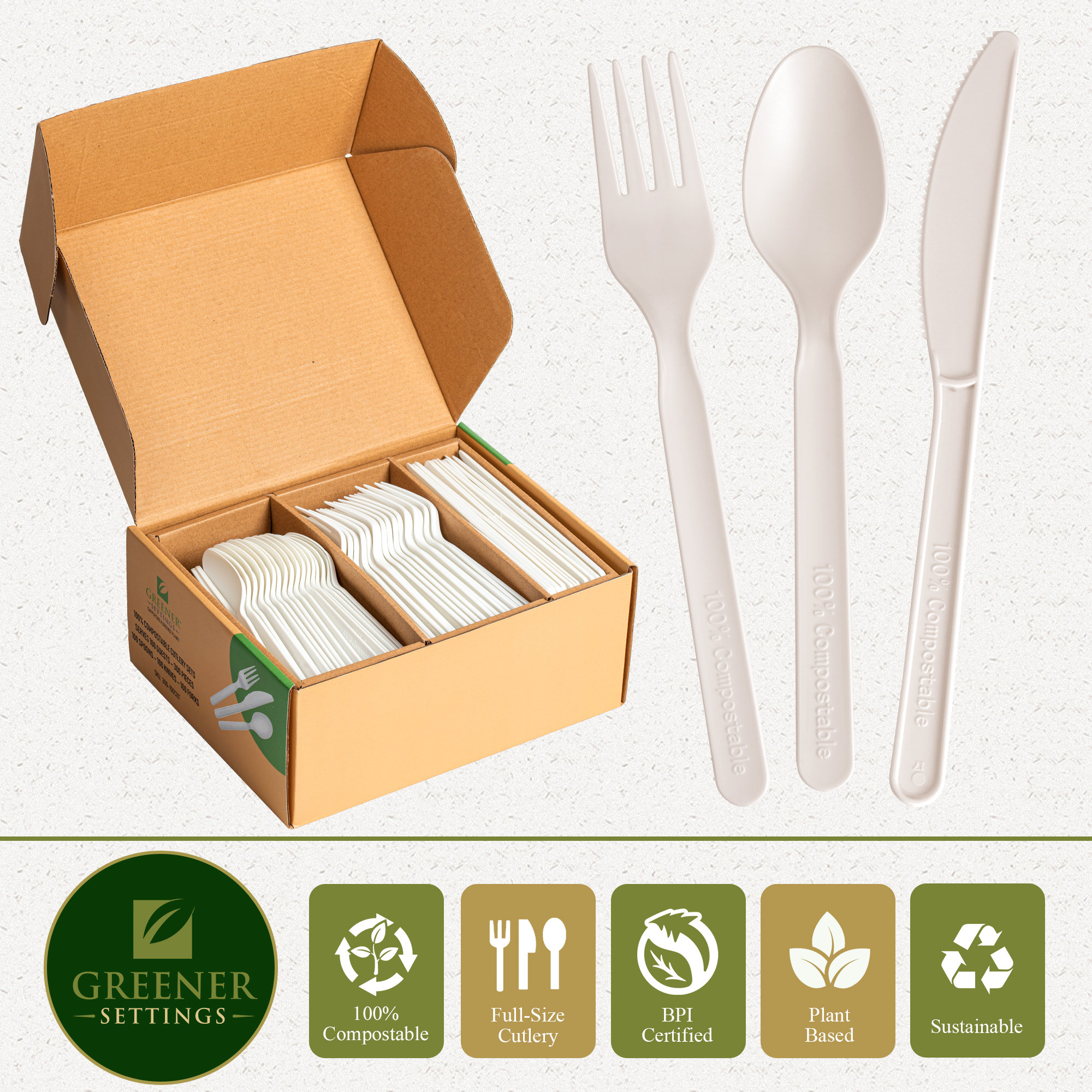 Greener Settings 300-Piece Compostable Cutlery Set – BPI-Certified CPLA ...