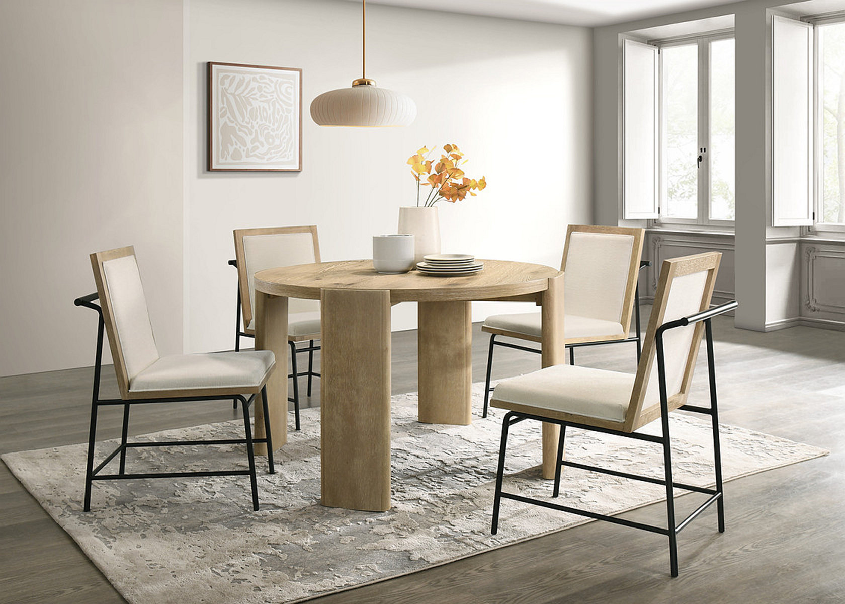 Latitude Run® Bruno Oak Finish 47" Round Dining Table Set With Cream ...