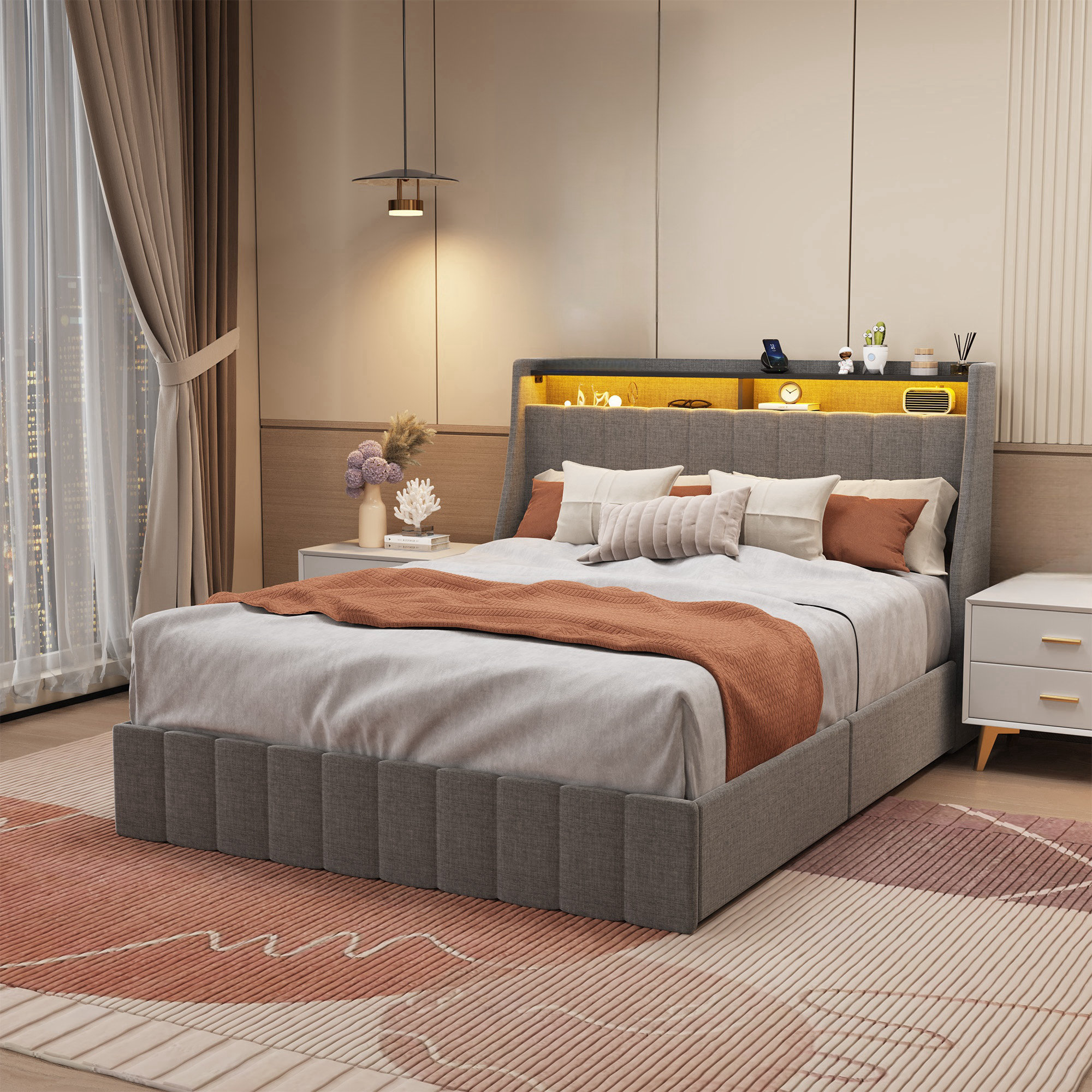 AOOLIVE Light Grey Bed Frame with LED, 4 Under-bed Portable Storage ...