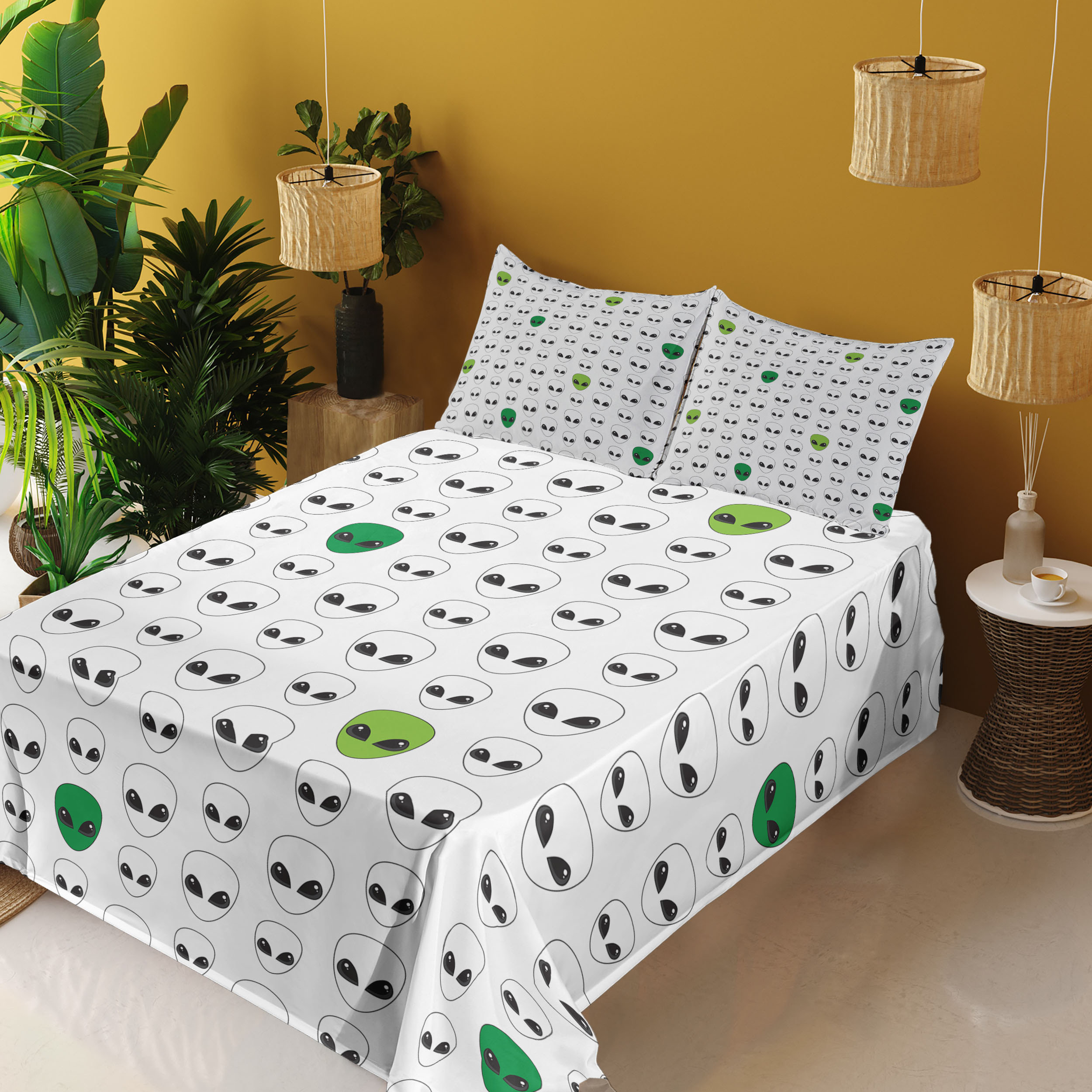 Ambesonne Alien Sheet Set Simplified Extraterrestrial Charcoal Grey ...