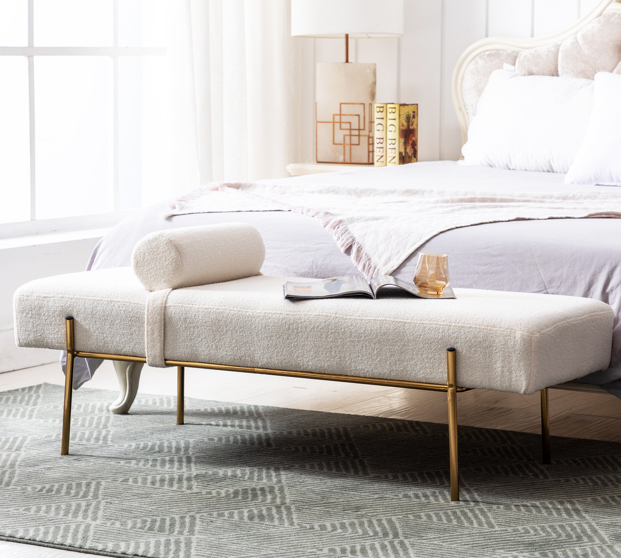 Everly Quinn Donoven White 55" End of Bed Bench, Modern Faux Fur ...