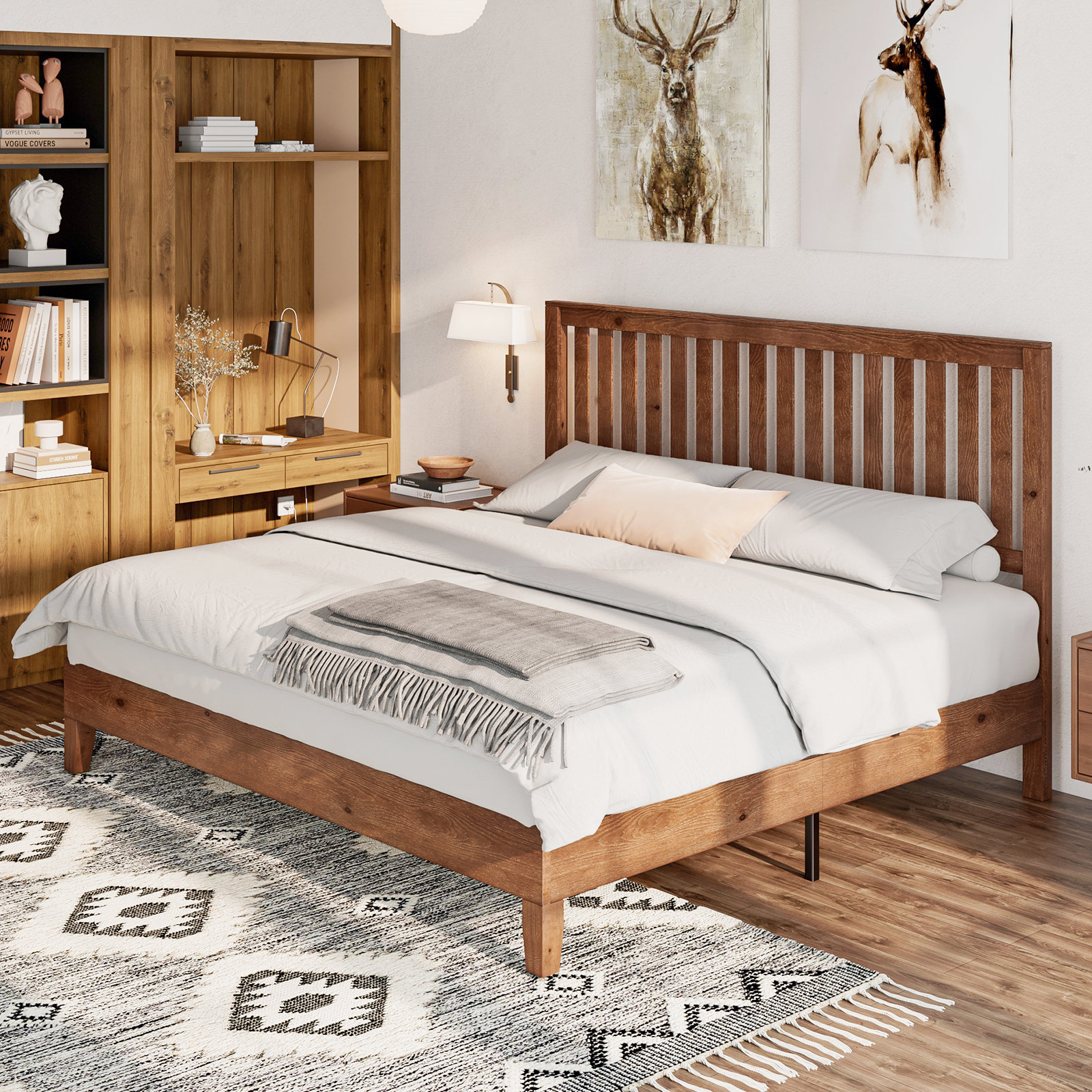 Winston Porter Allare Mid-Century Solid Wood Bed Frame with Headboard ...