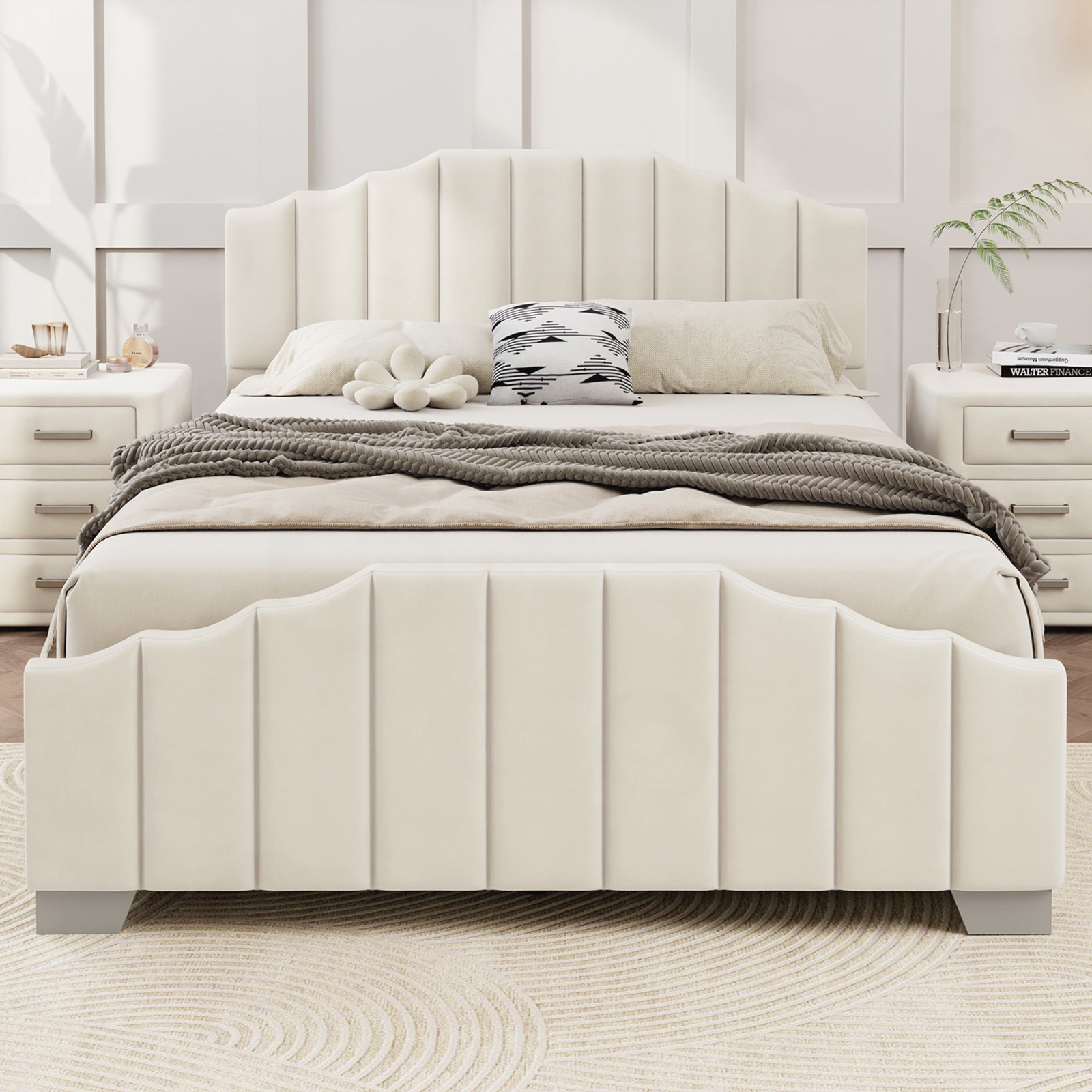 Ebern Designs Queen Size Velvet Platform Markley with Vertical Channel ...