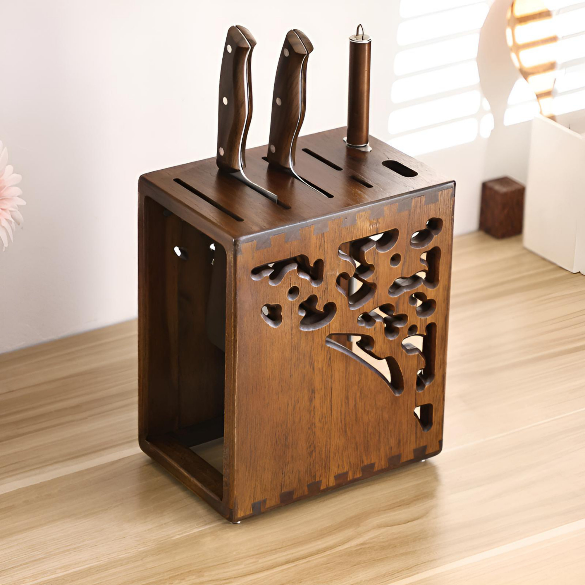 Padise Epoch Teak Carved Retro Style Kitchen Knife Storage Rack ...