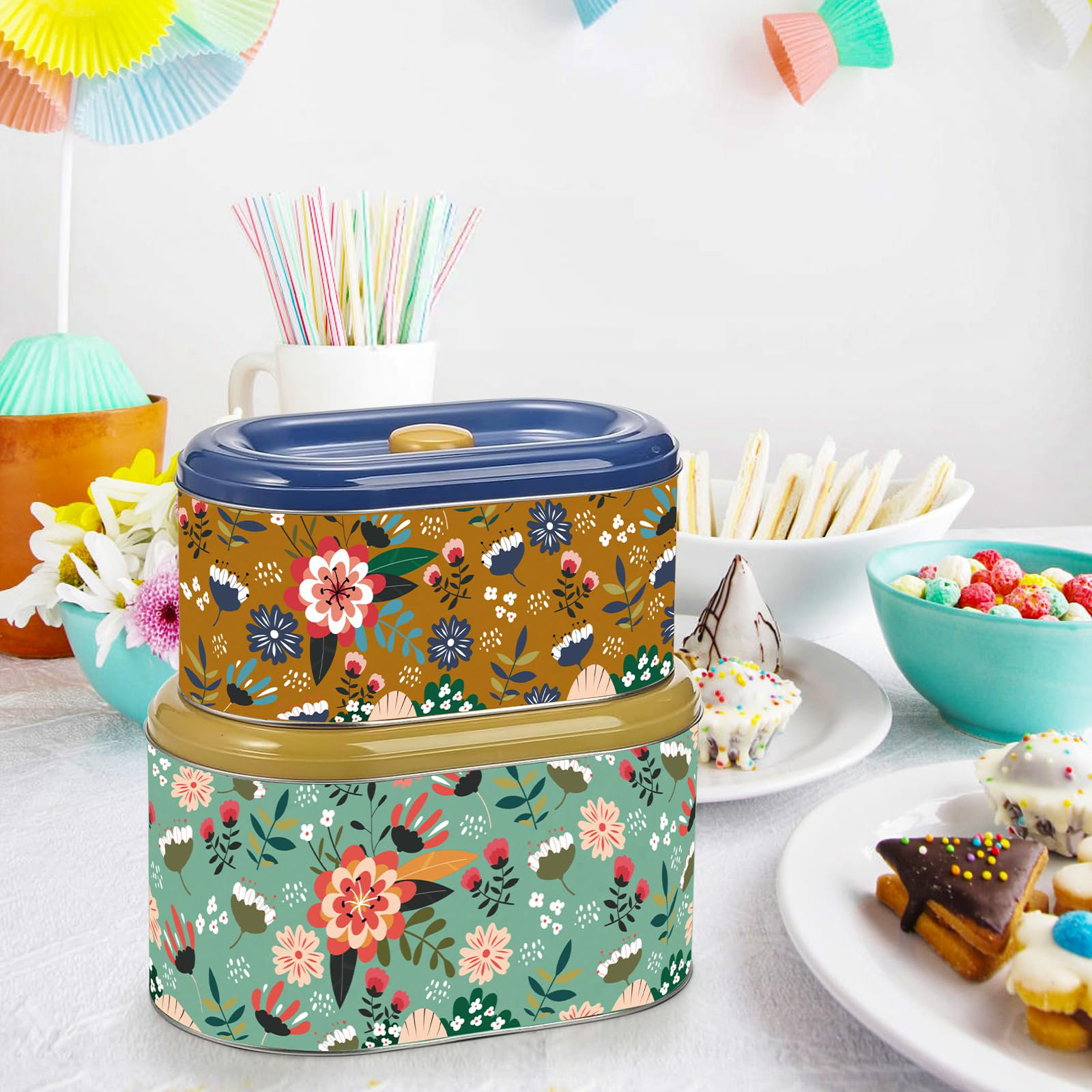 Red Barrel Studio® 2 Pack Tin Cookie Snack Jars With Lid, Metal Biscuit ...