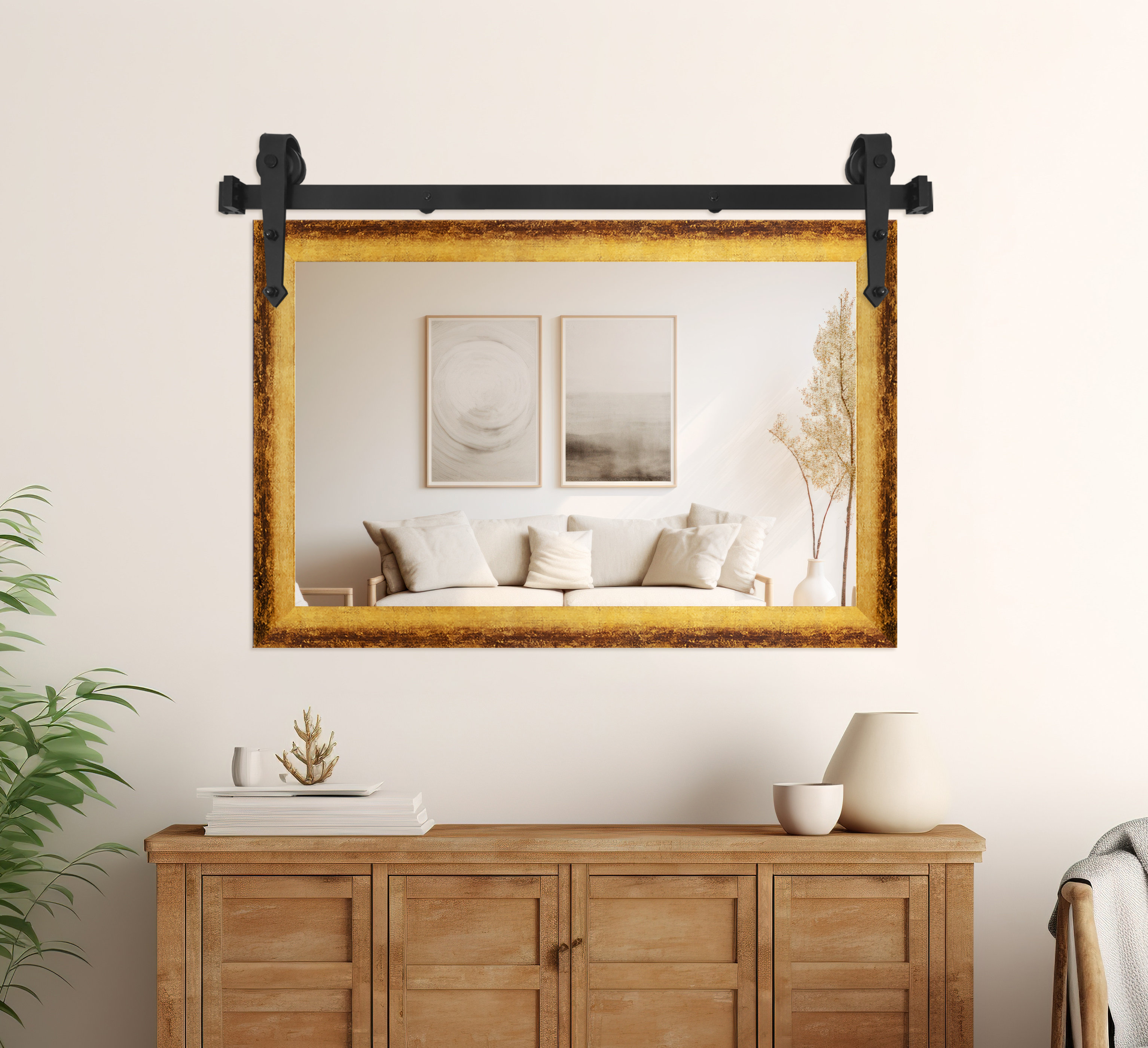 Modern Rustic Mirror with Steel Barn Door Track - Wayfair Canada