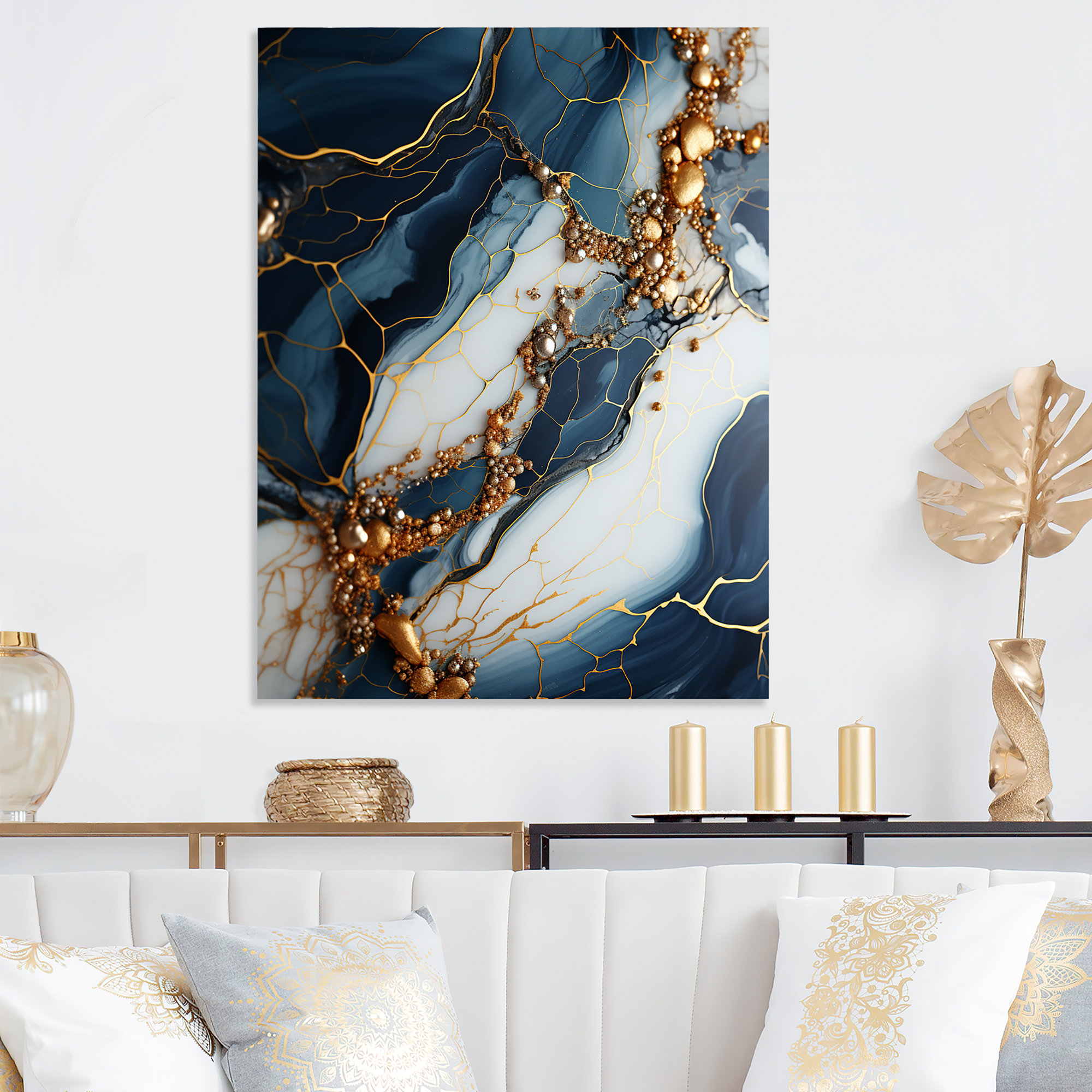 Ivy Bronx Gold And Blue Geode Art III - Liquid Ink Abstract Metal Wall ...