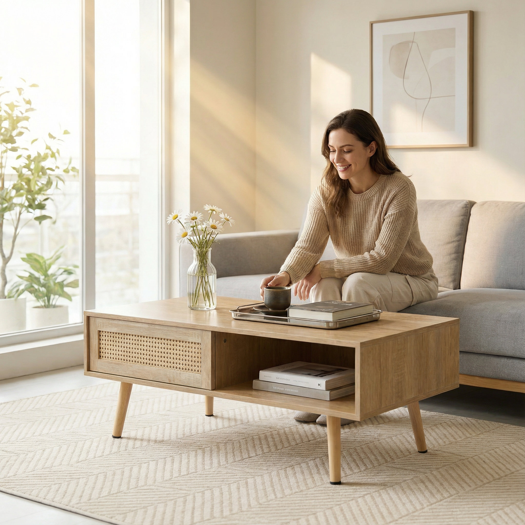 Wrought Studio™ 41.34" Modern Rattan Coffee Table With Sliding Storage ...